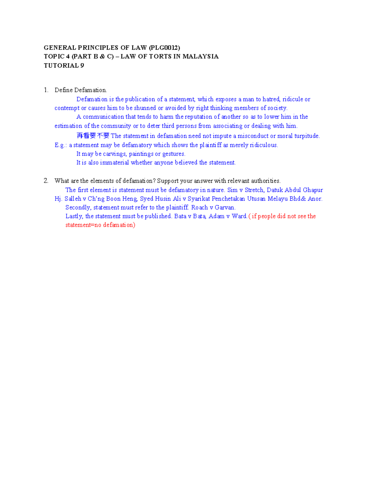 Tut 9 Topic 4 Part B C General Principles Of Law Plg0012 Topic