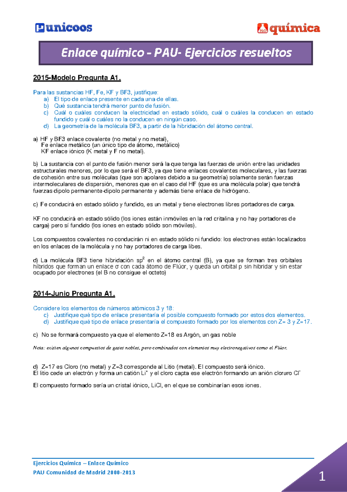 Enlace Químico Pau Ejercicios Resueltos Ejercicios Química Enlace