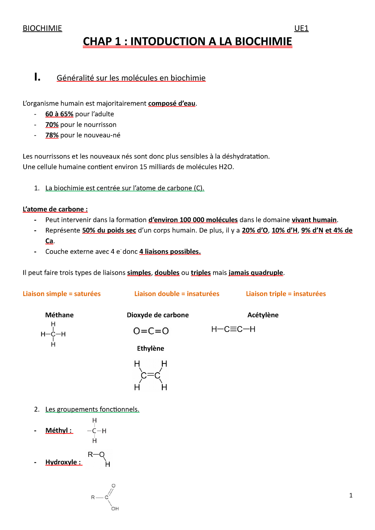 Chapitre 1 Introduction à La Biochimie Chap 1 Intoduction A La