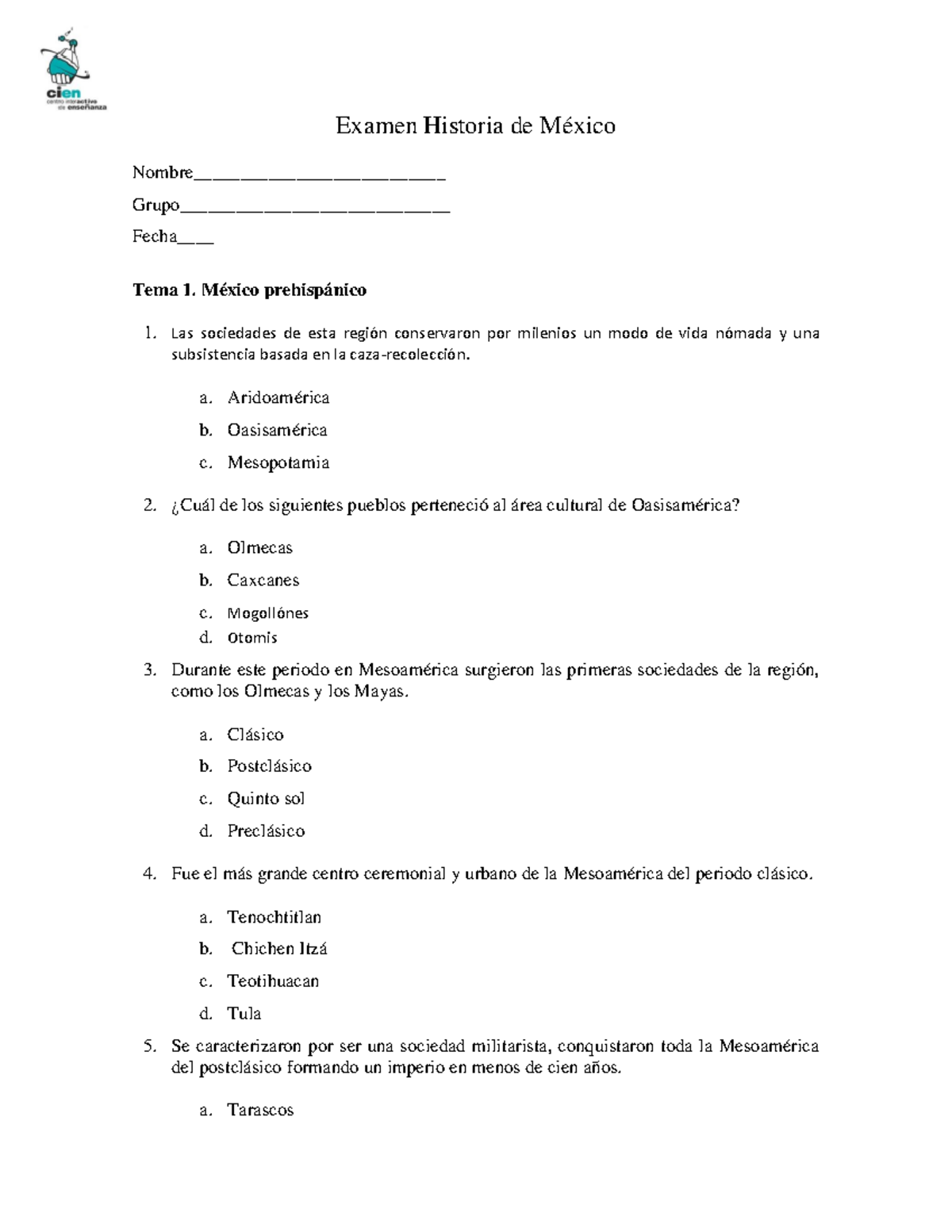 Examen Historia De México Examen Historia De México Nombre