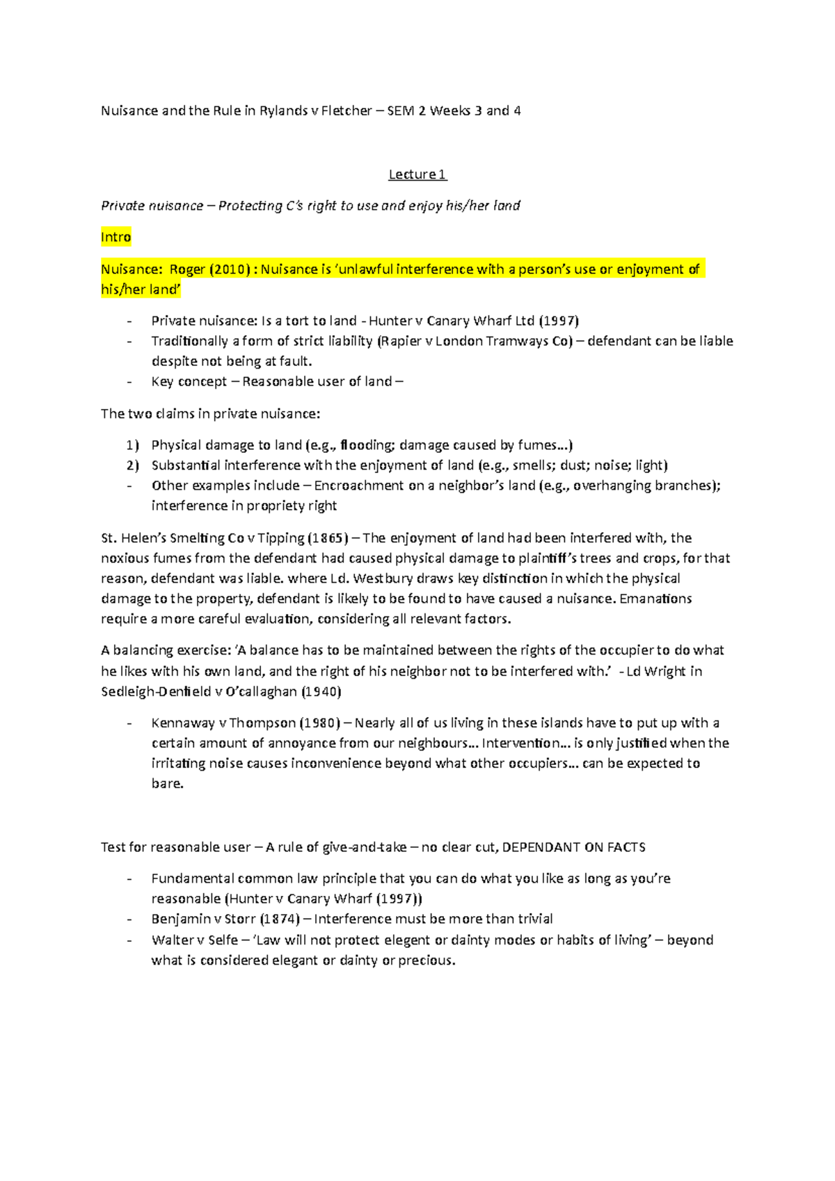 Nuisance And The Rule In Rylands V Fletcher Key Concept Reasonable