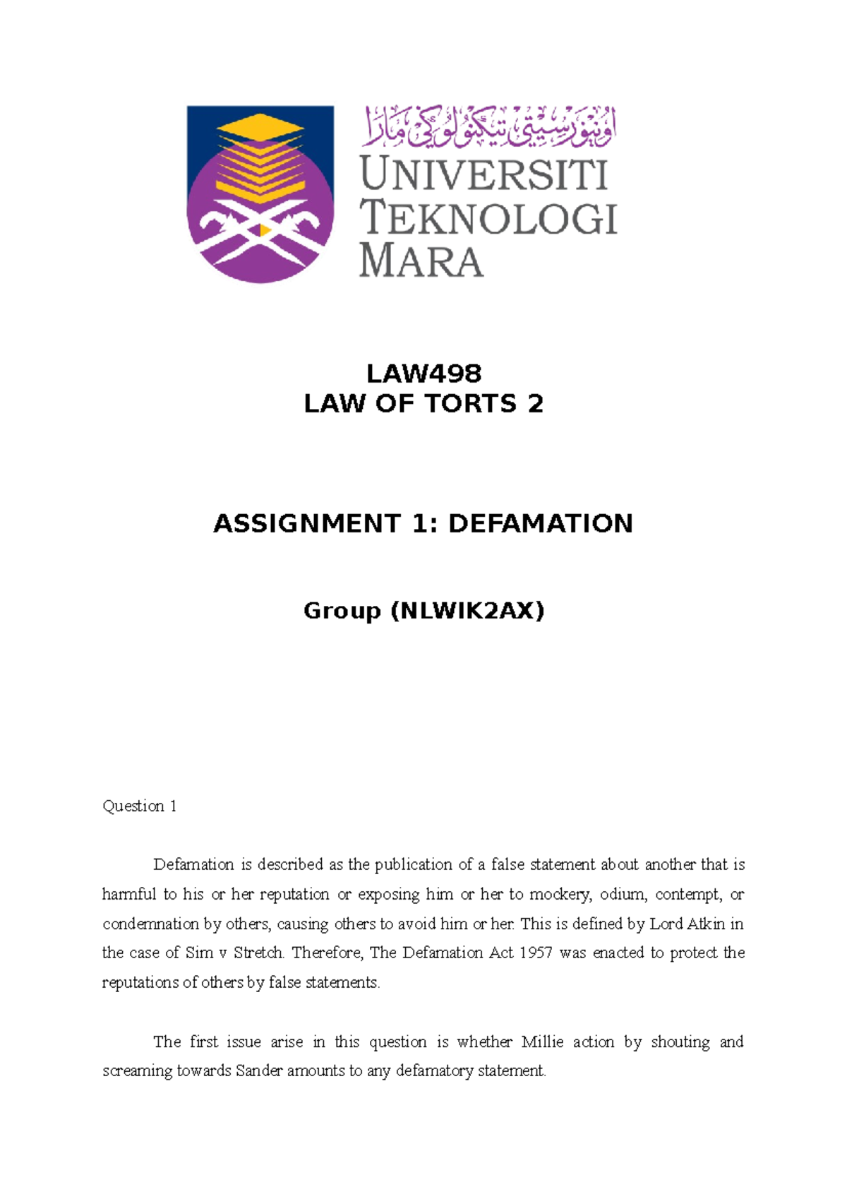 Tort Assignment 1 Defamation Law Law Of Torts 2 Assignment 1