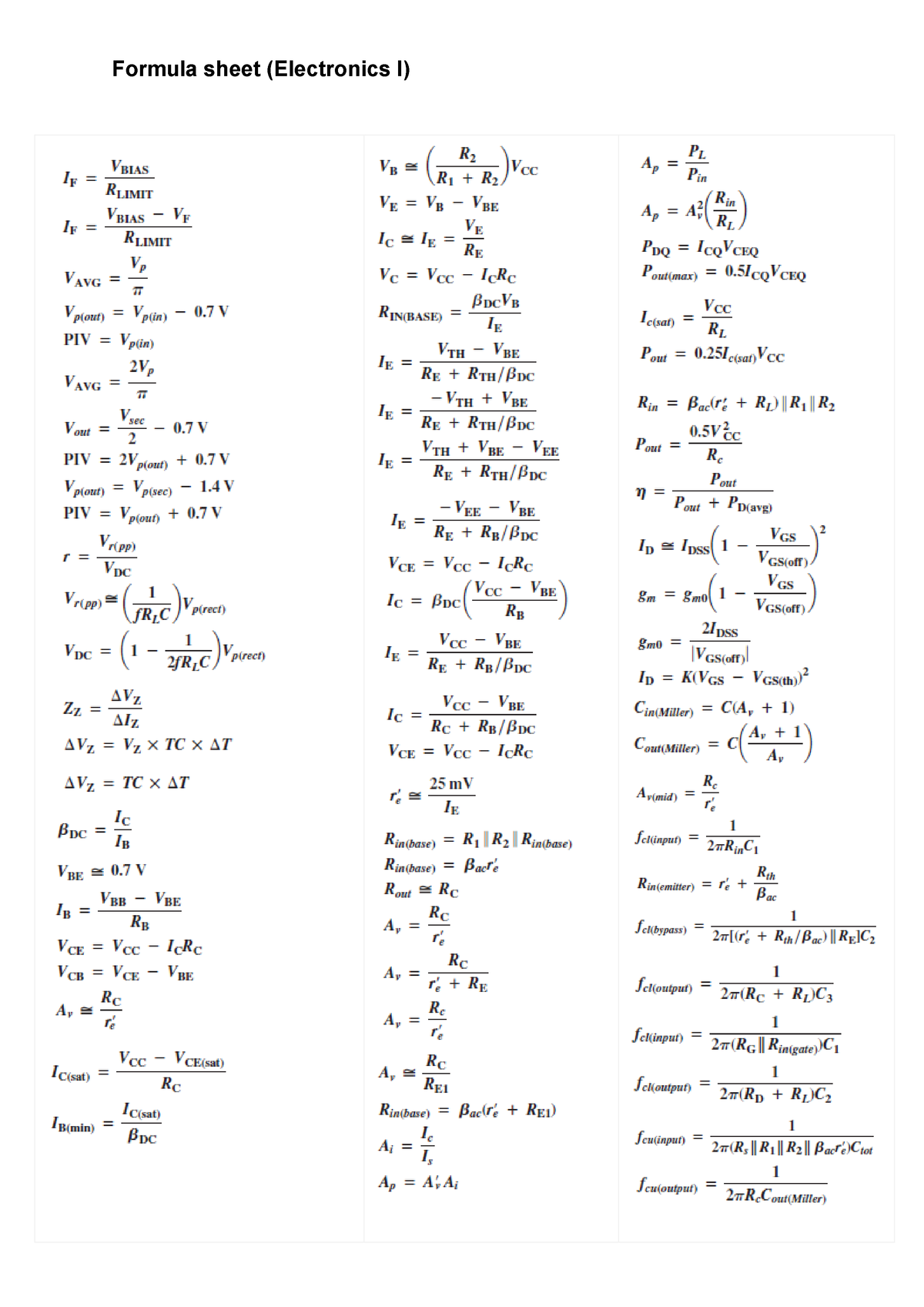 Formula Sheet Electronics 1 2021 Eee150s Formula Sheet Electronics