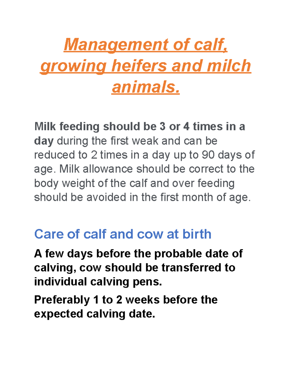 Ahd Management Of Calf Growing Heifers And Milch Animals Milk