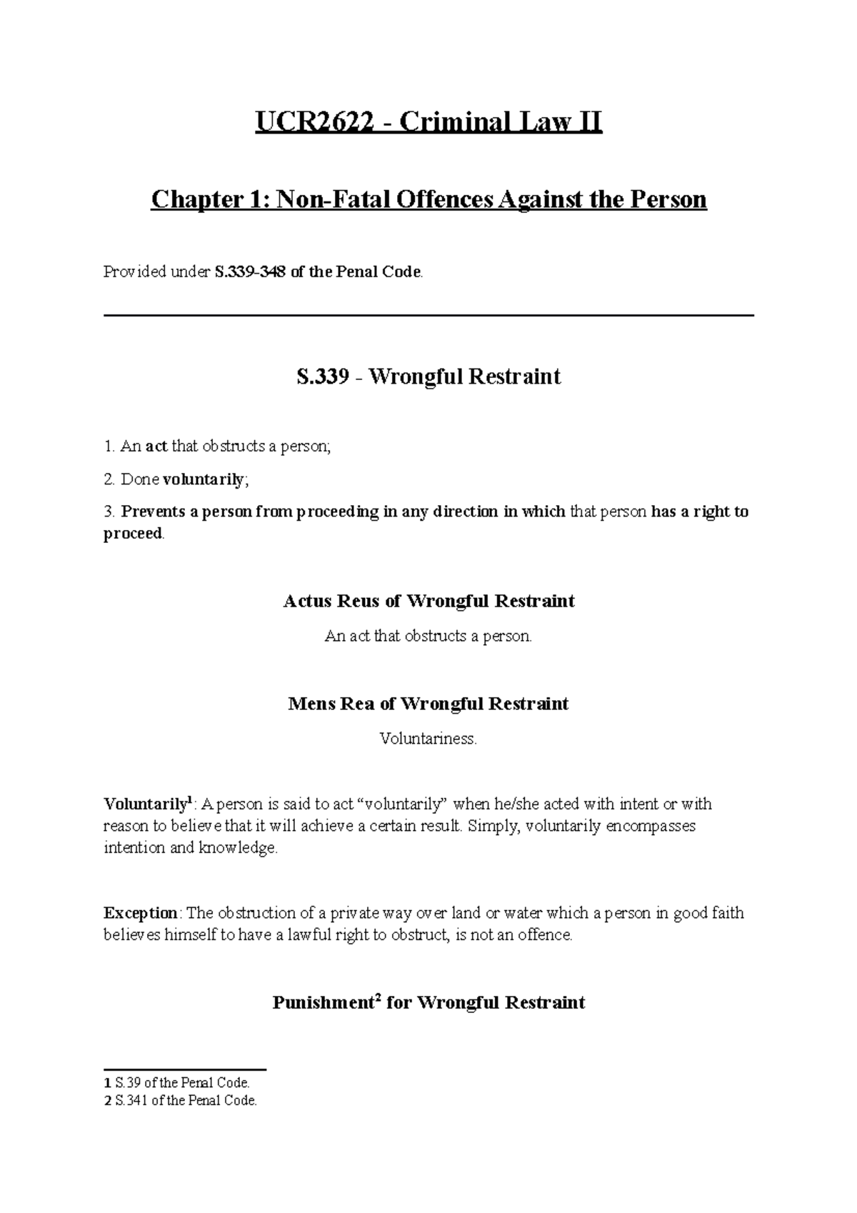 Notes Very Useful Ucr2622 Criminal Law Ii Chapter 1 Non Fatal