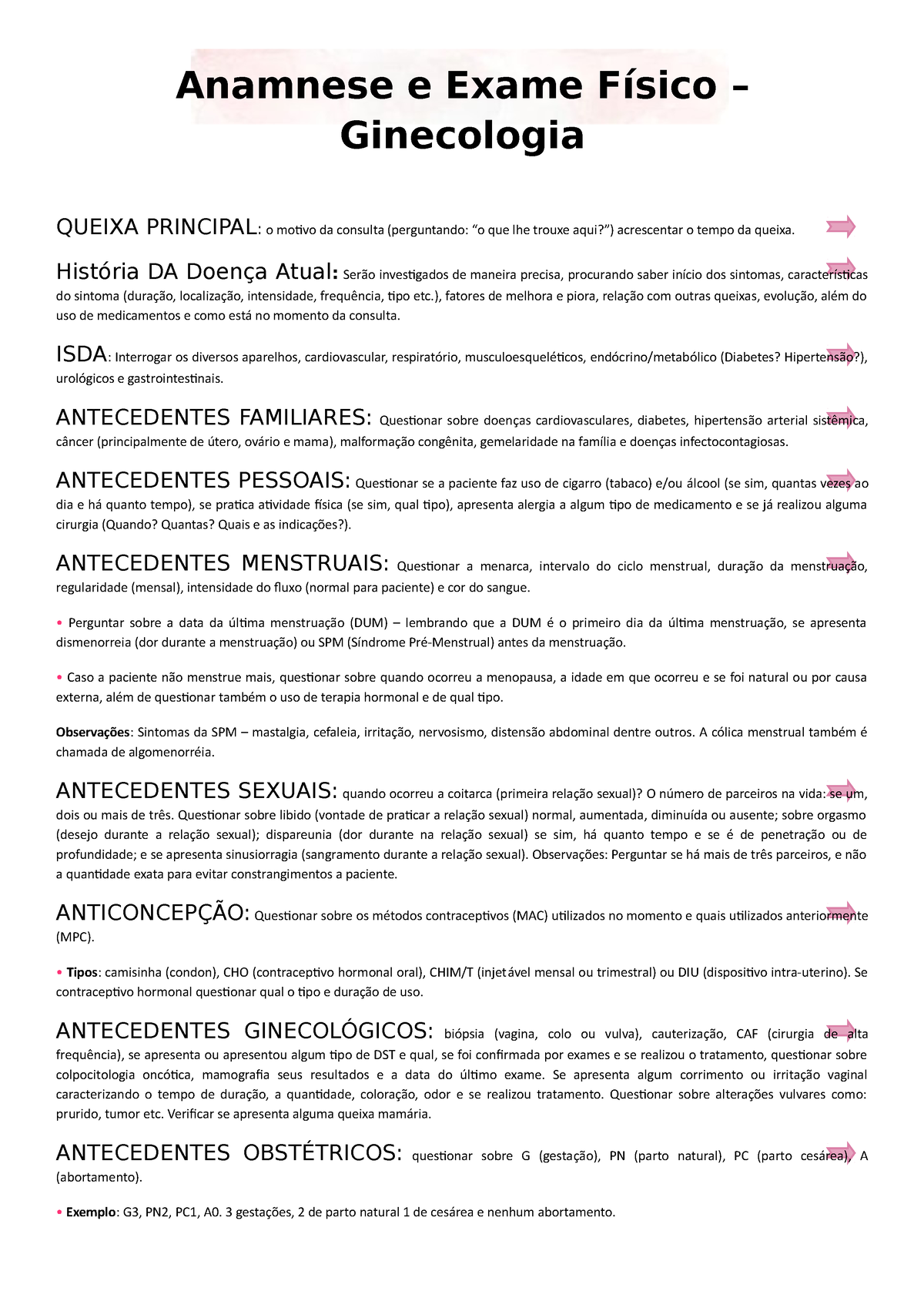 Anamnese E Exame Físico Ginecologia Anamnese E Exame Físico