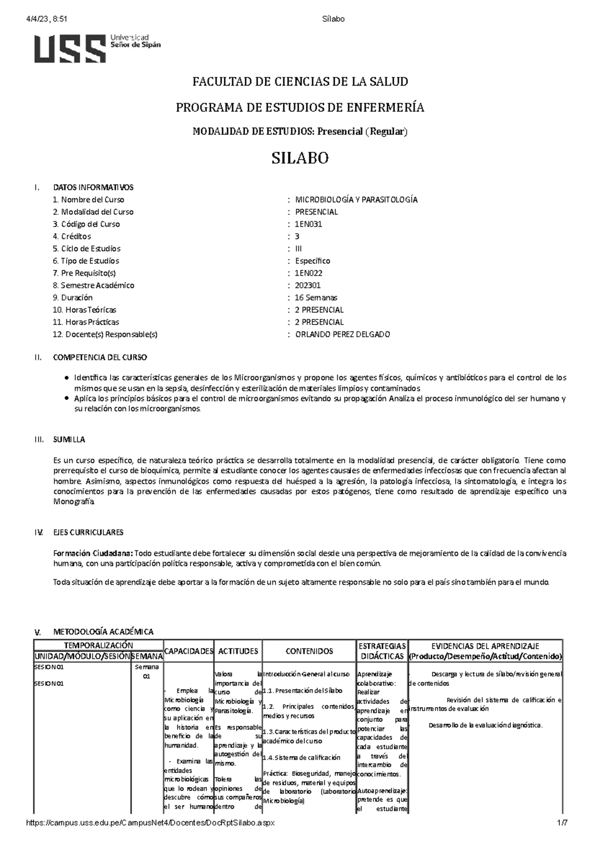 Sílabo Microbiología Y Parasitología 2023 I Facultad De Ciencias De