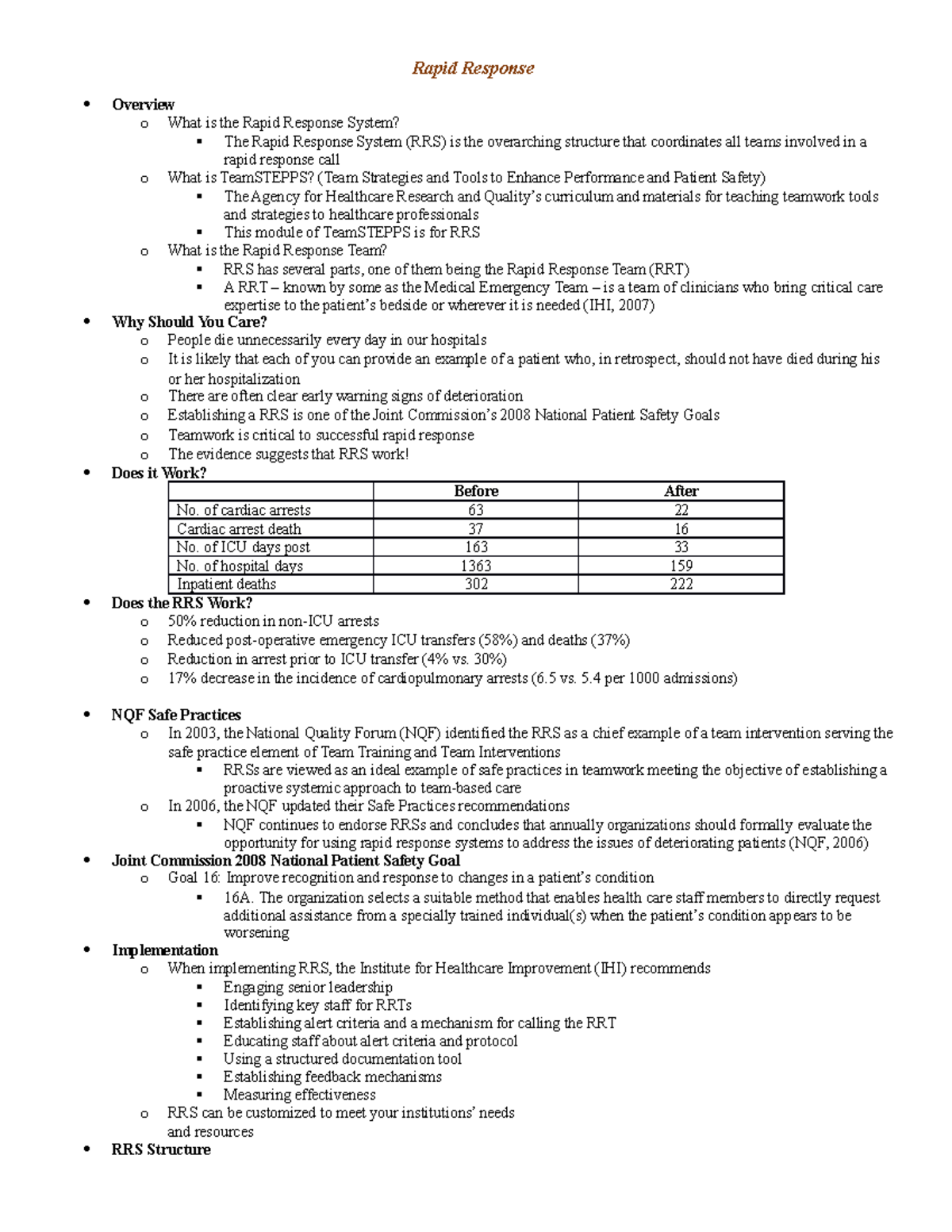 Rapid Response Notes Na Rapid Response Overview O What Is The