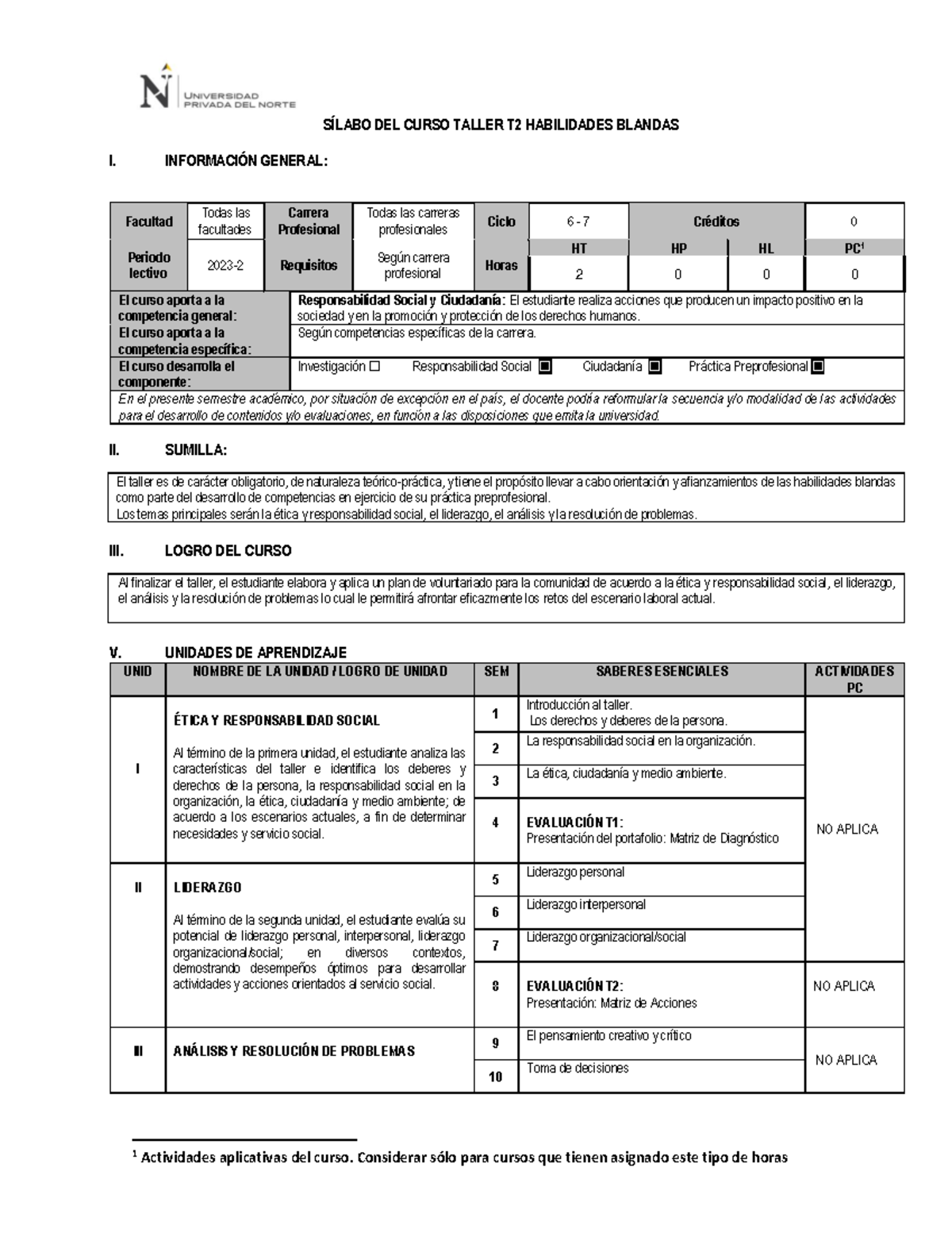 Sílabo Thb2 2023 2 N Sssssssssssss SÕlabo Del Curso Taller T2