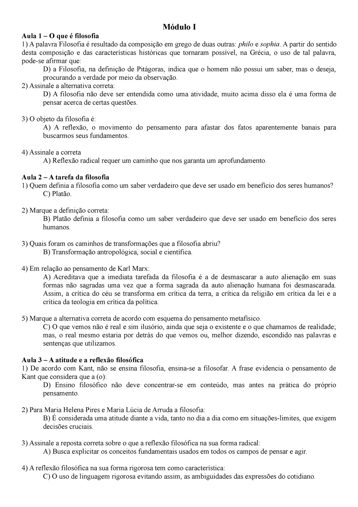 Exercícios De Filosofia Módulo I Aula 1 O Que é Filosofia 1 A