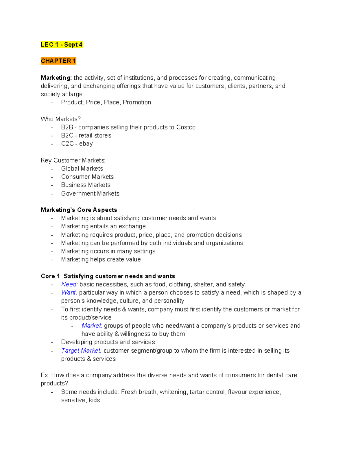 Mkt100 Week 1 Notes Lec 1 Sept 4 Chapter 1 Marketing The Activity