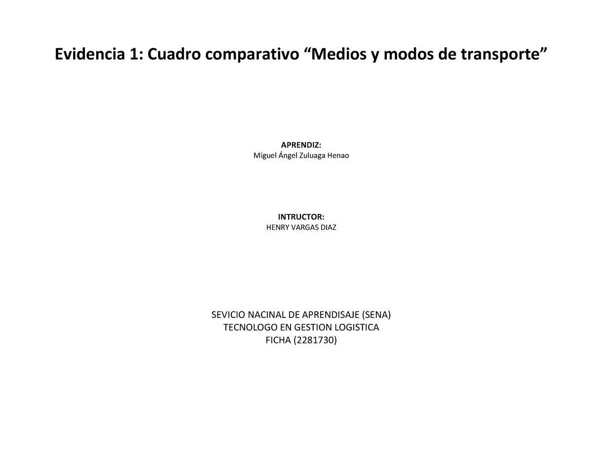 Evidencia 1 Cuadro Comparativo Medios Y Modos De Transporte Evidencia