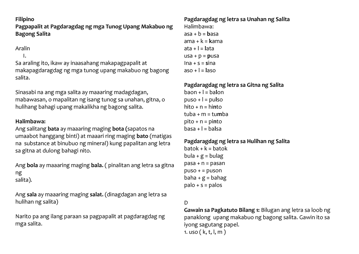 Filipino 3 Pagpapalit At Pagdaragdag Ng Mga Tunog Upa