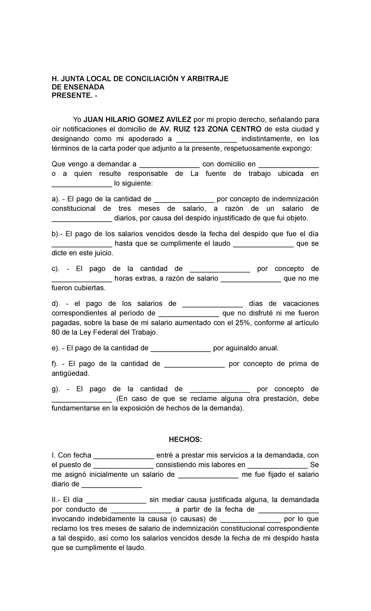 Modelo De Demanda Laboral Por Despido Injustificado Derecho Laboral