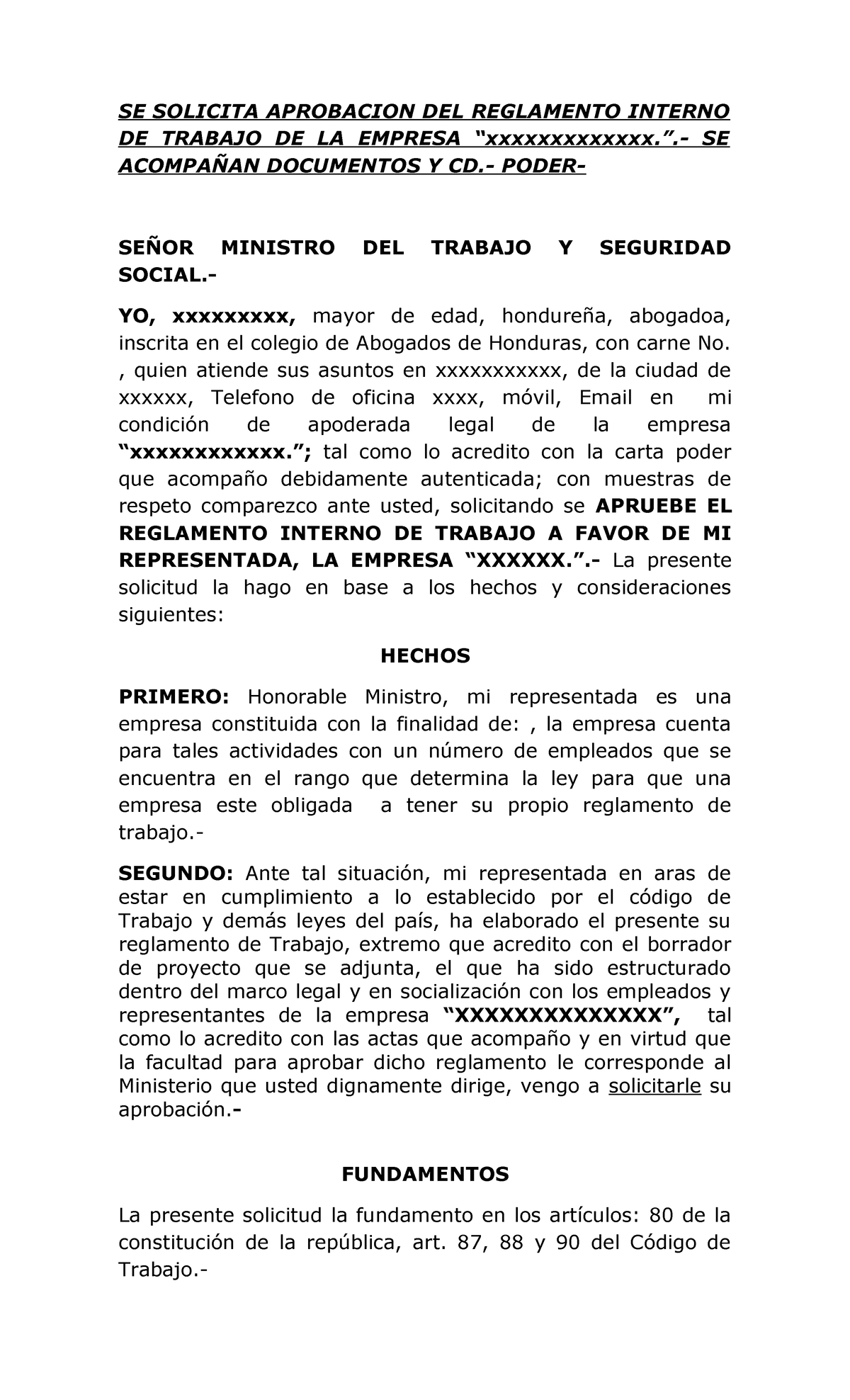 Solicitud De Aprobacion De Reglamento Interno De Trabajo Se Solicita