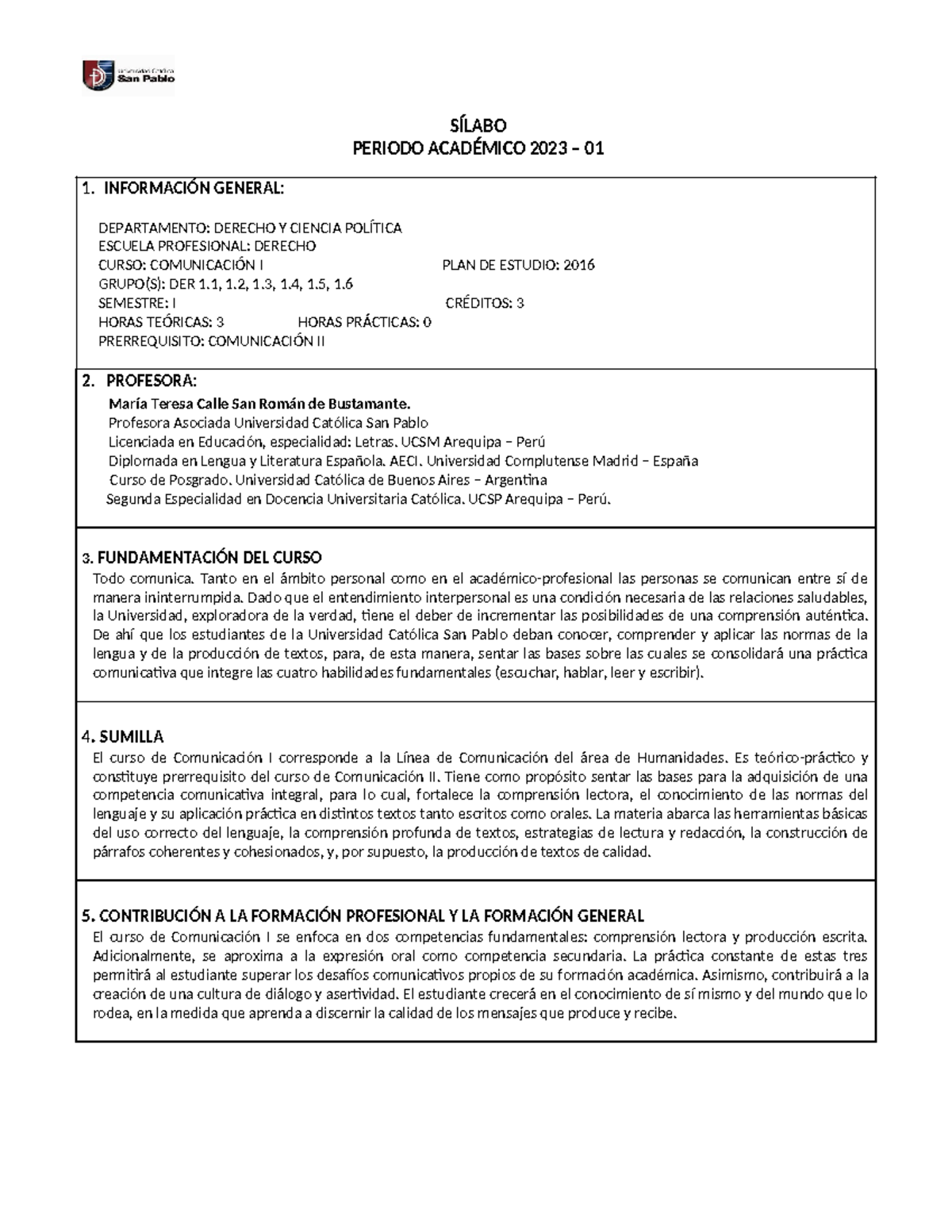 Silabo Comunicación SÍlabo Periodo AcadÉmico 2023 01 1 InformaciÓn