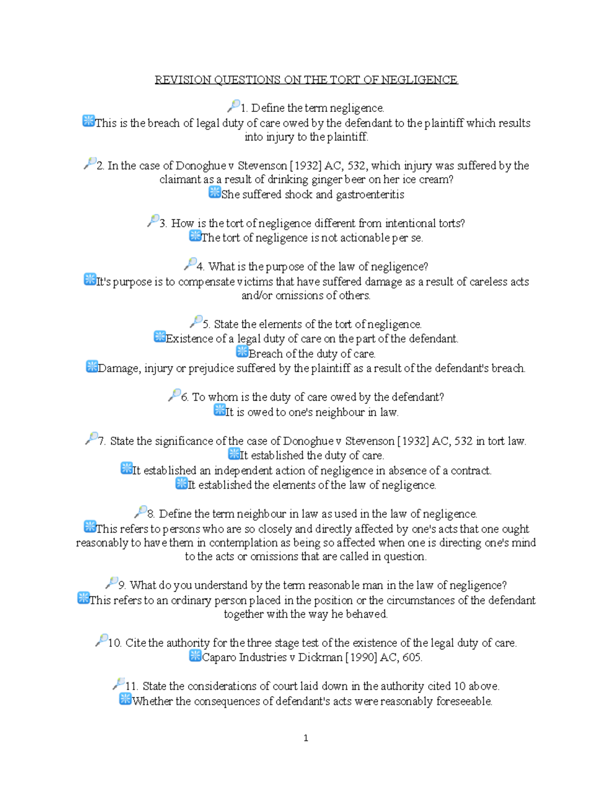 Additional Notes On Tort Of Negligence Revision Questions On The Tort