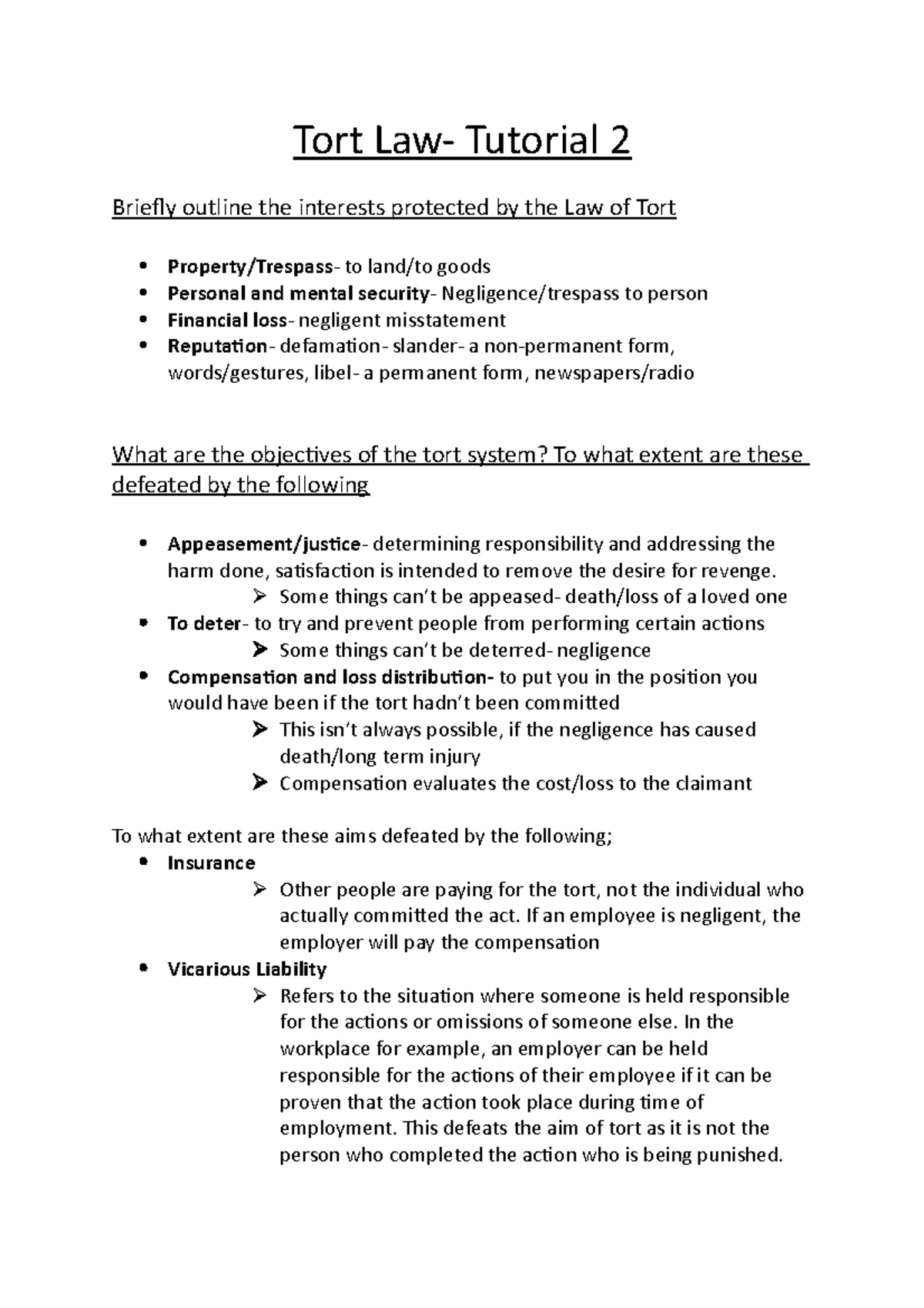 Tort Law Tutorial 2 Tort Law Tutorial 2 Briefly Outline The