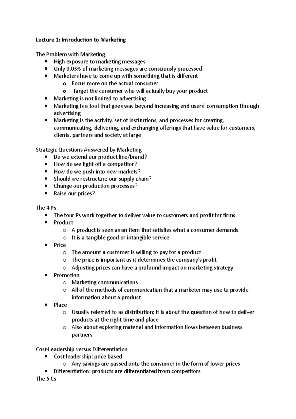 Strategic Marketing Lecture Notes Lecture 1 Introduction To