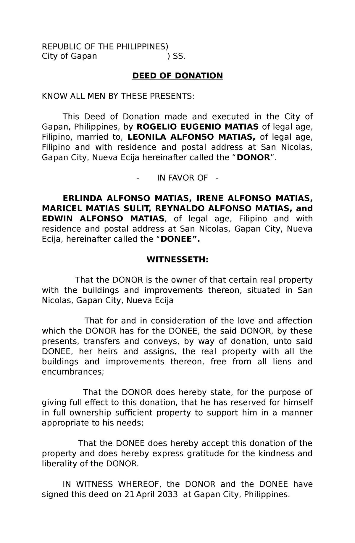 Deed Of Donation Republic Of The Philippines City Of Gapan Ss