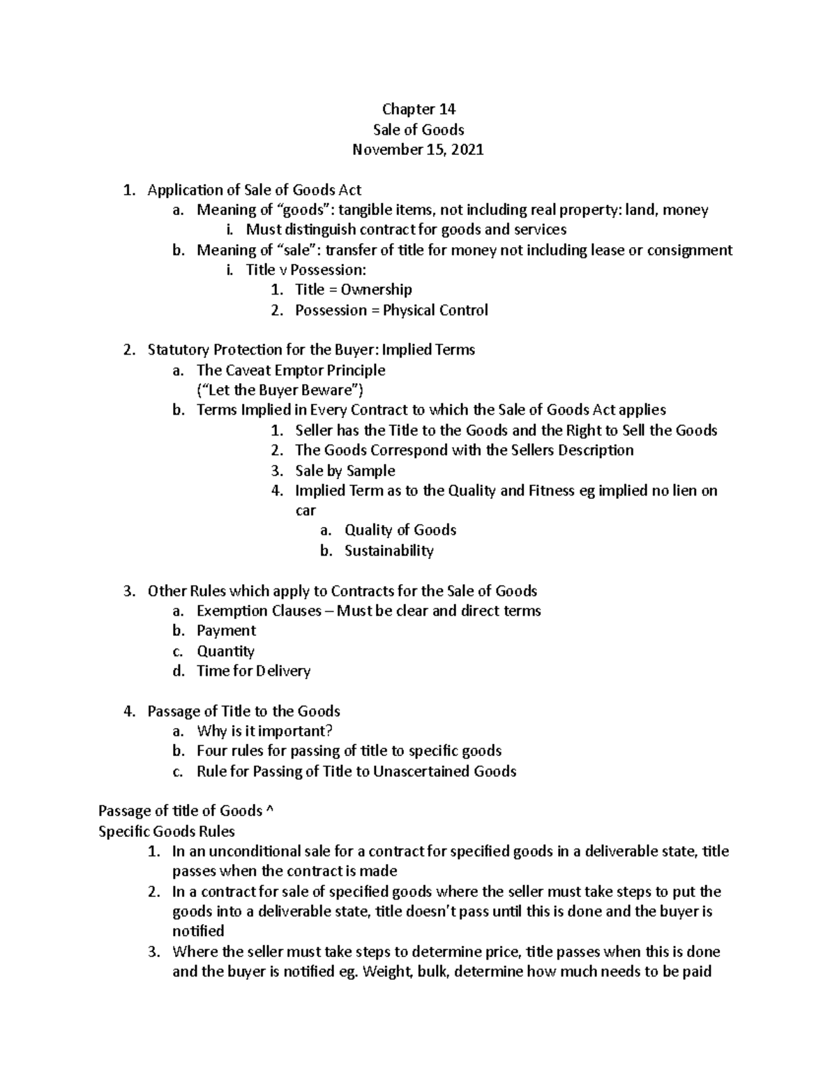 Actg 2p40 Chp 14 Notes Chapter 14 Sale Of Goods November 15 2021