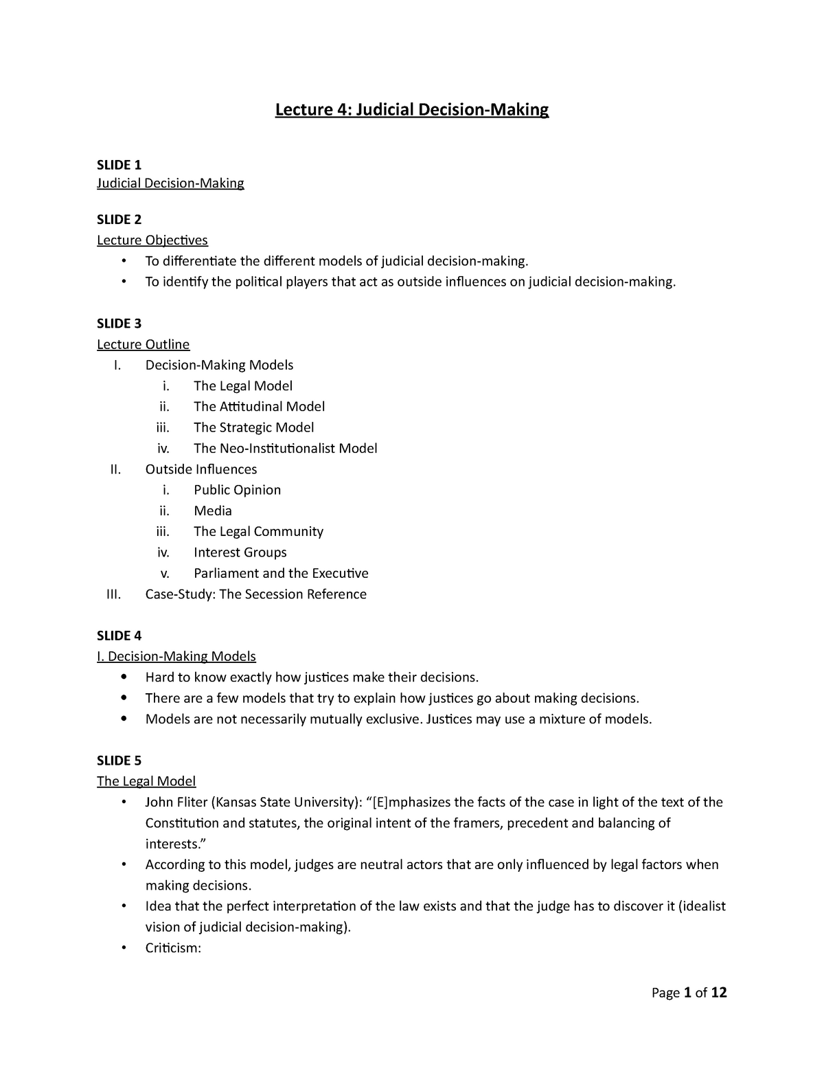 Legal Processes Lecture 4 Judicial Decision Making Lecture 4