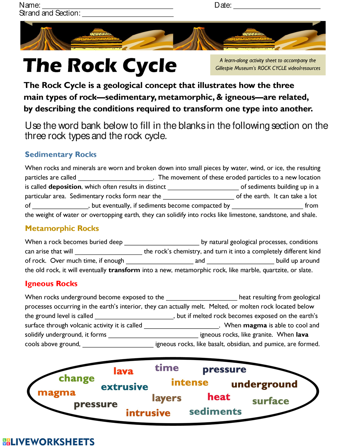 Rock Cycle Worksheet The Rock Cycle The Rock Cycle Is A Geological