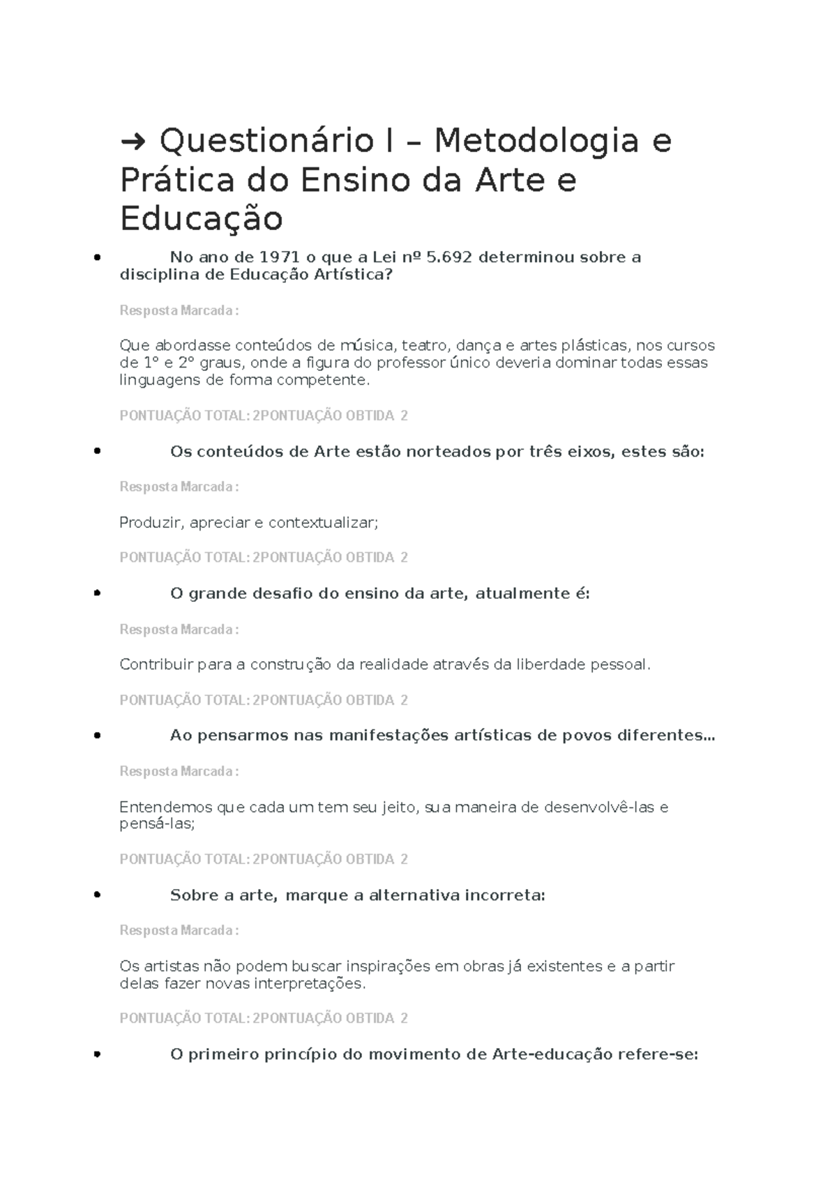 Questionário I Metodologia E Prática Do Ensino Da Arte E Educação