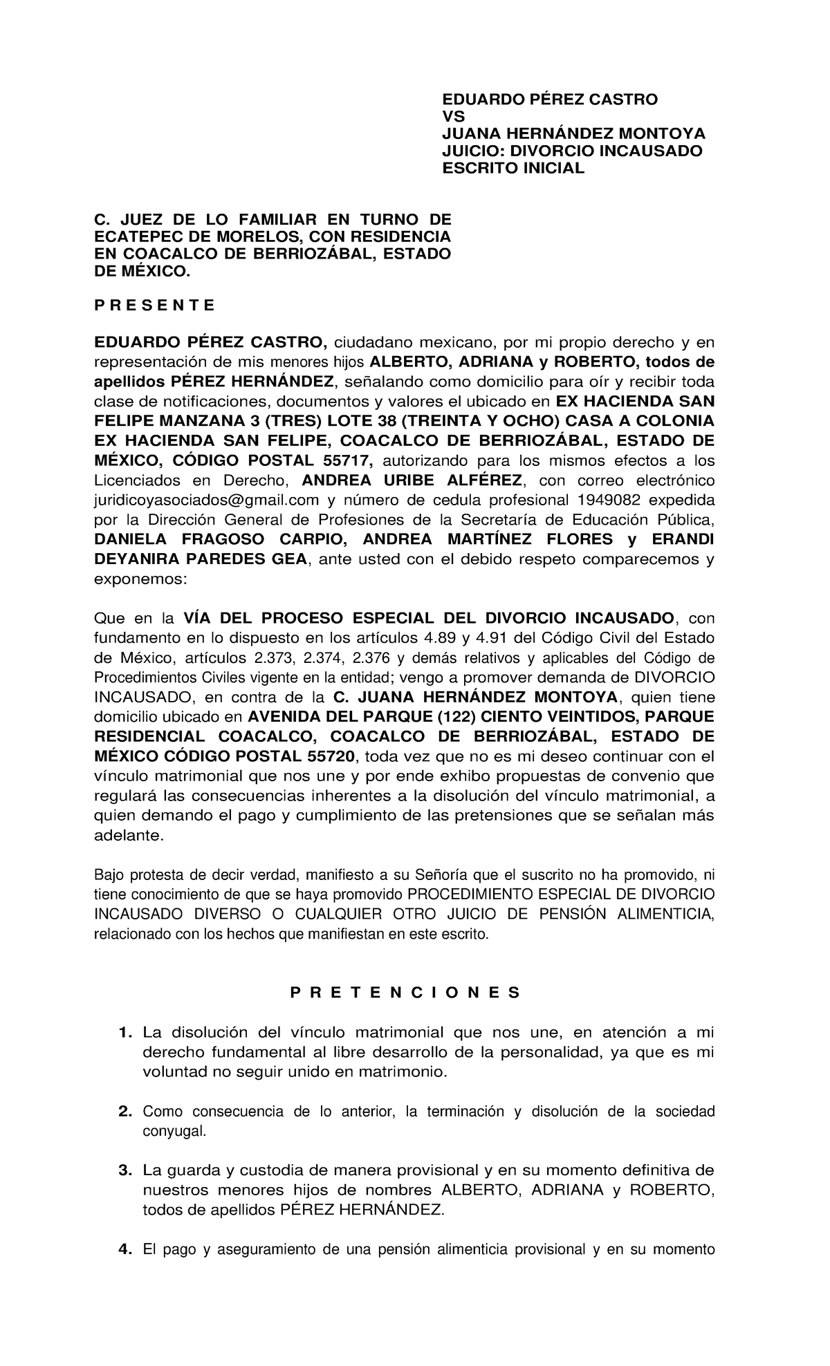 Demanda Divorcio Incausado Eduardo PÉrez Castro Vs Juana HernÁndez