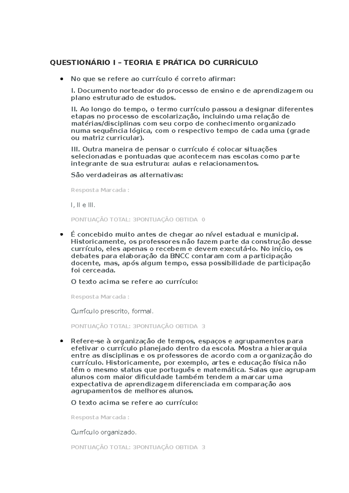 Questionário I Teoria E Prática Do Currículo QuestionÁrio I