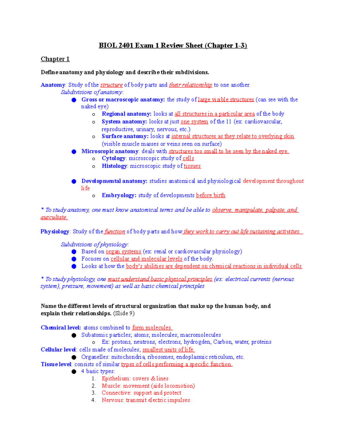 Biol 2401 Exam 1 Review Updates Biol 2401 Exam 1 Review Sheet