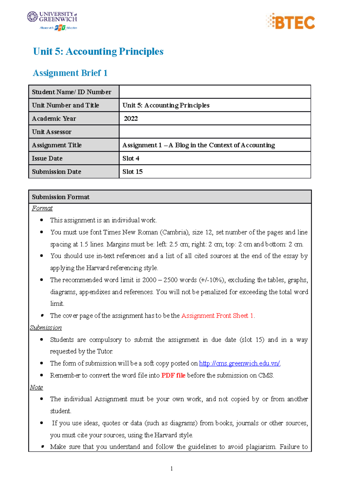 5038 Assignment 1 Brief Updated Unit 5 Accounting Principles