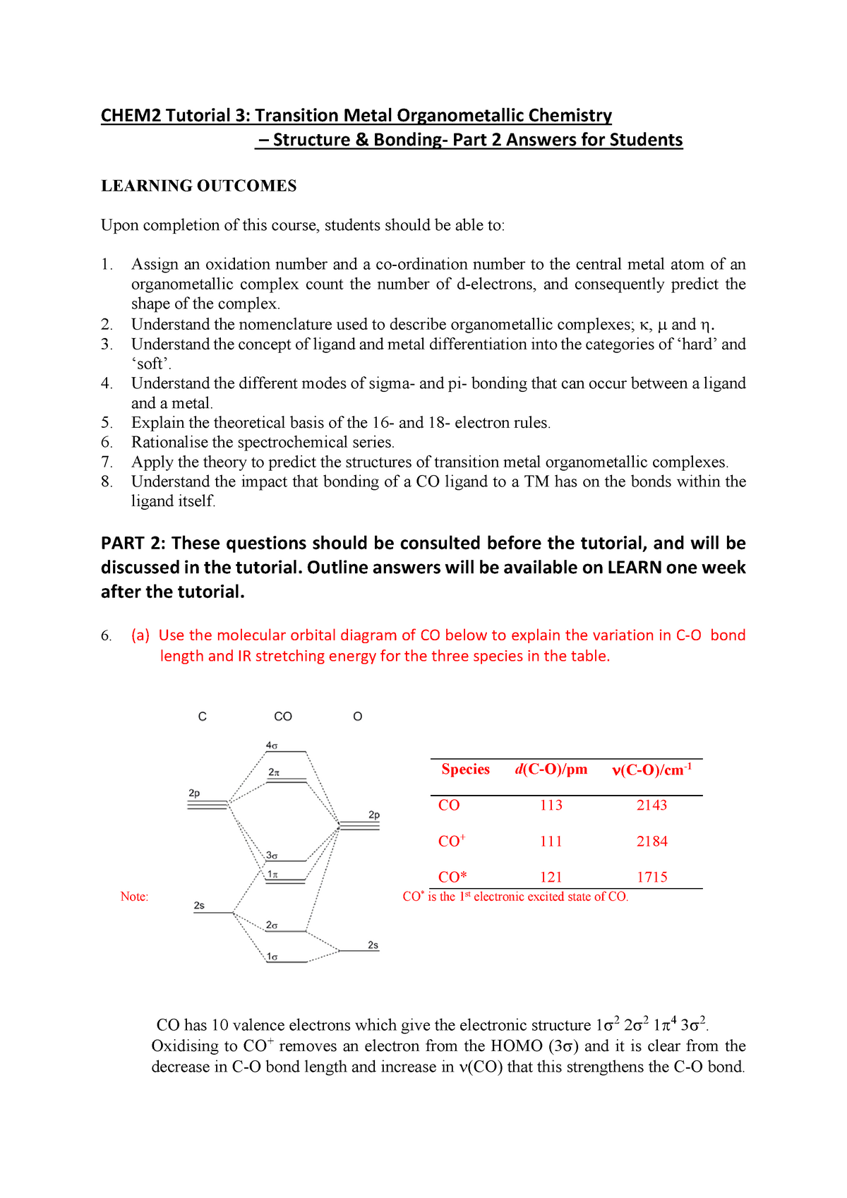 Tutorial 2 Transition Metal Organometallic Chemistry Questions