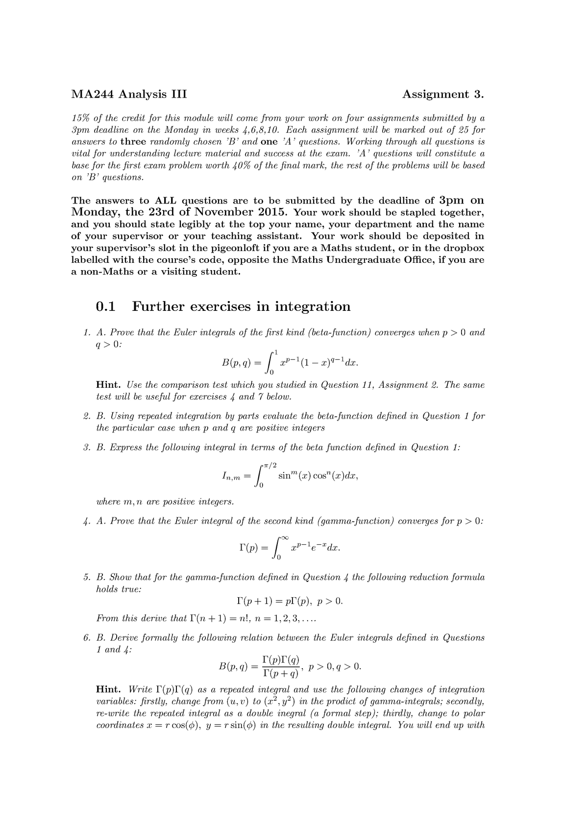 Ma244 2015 2016 Assignment 3 Ma244 Analysis Iii Assignment 3 15 Of