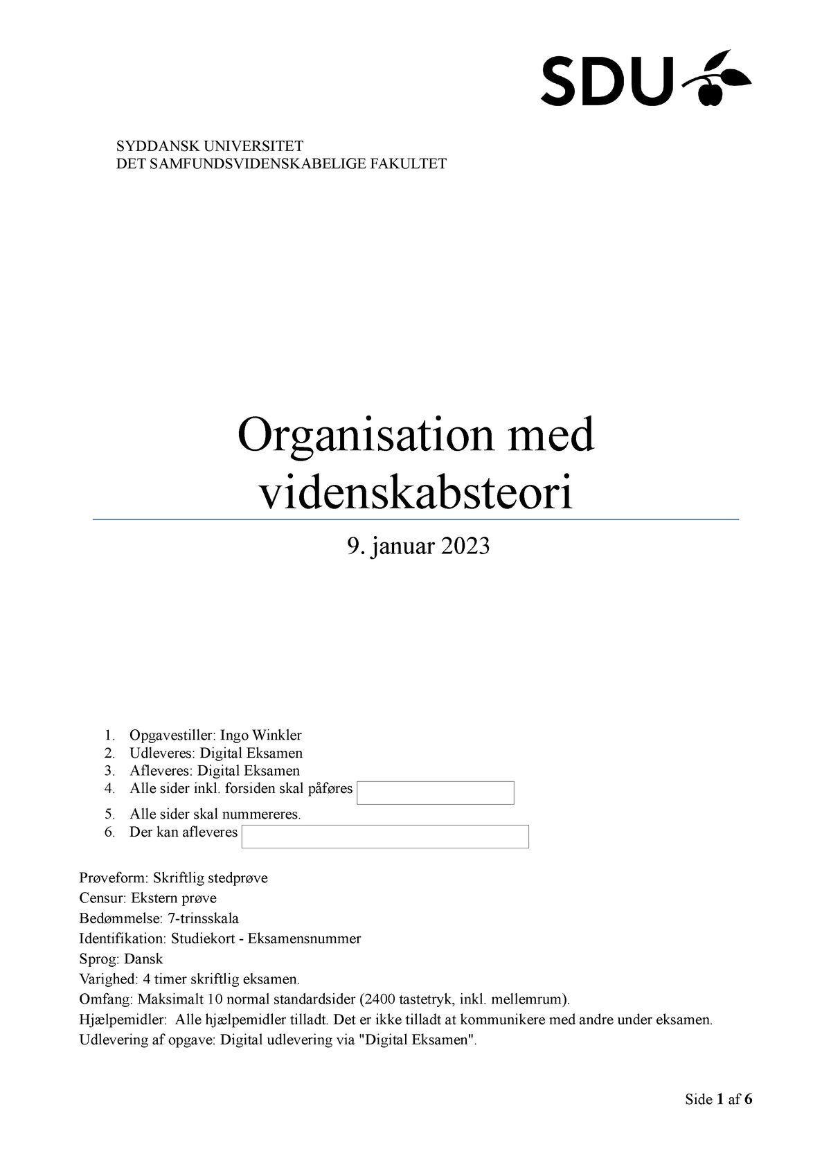 Organisation V22o Ob Eksamen Syddansk Universitet Det