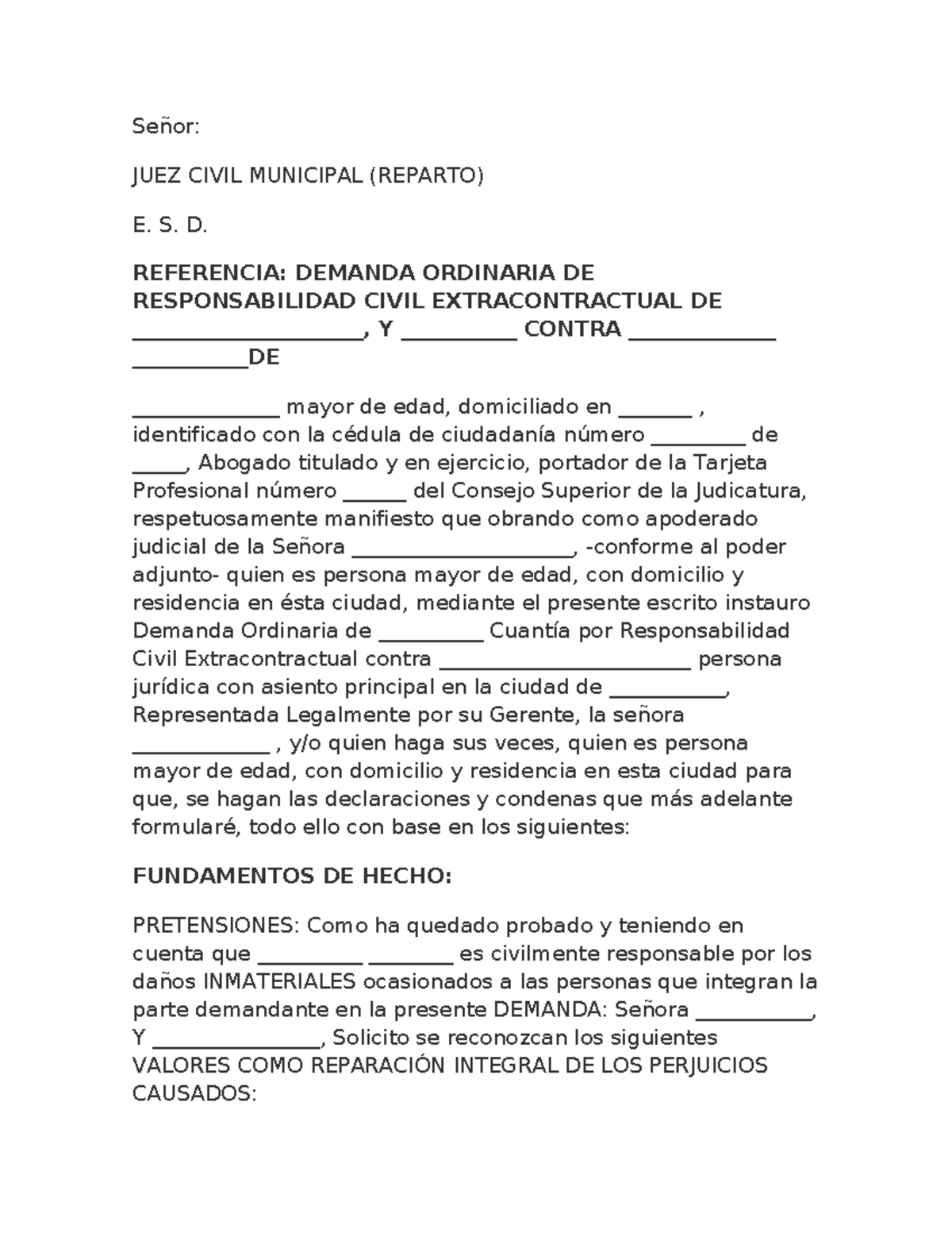 Demanda De Responsabilidad Civil Extra Señor Juez Civil Municipal