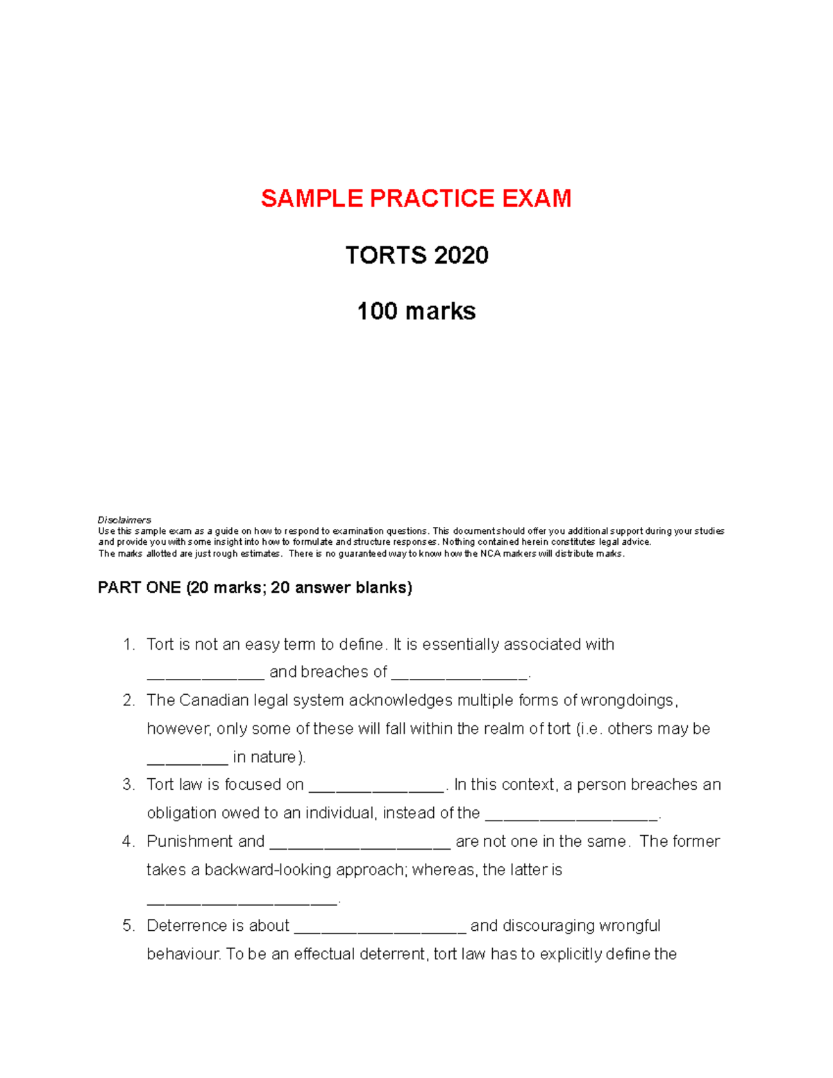 3 Sample Tort Practice Exam Sample Practice Exam Torts 2020 100