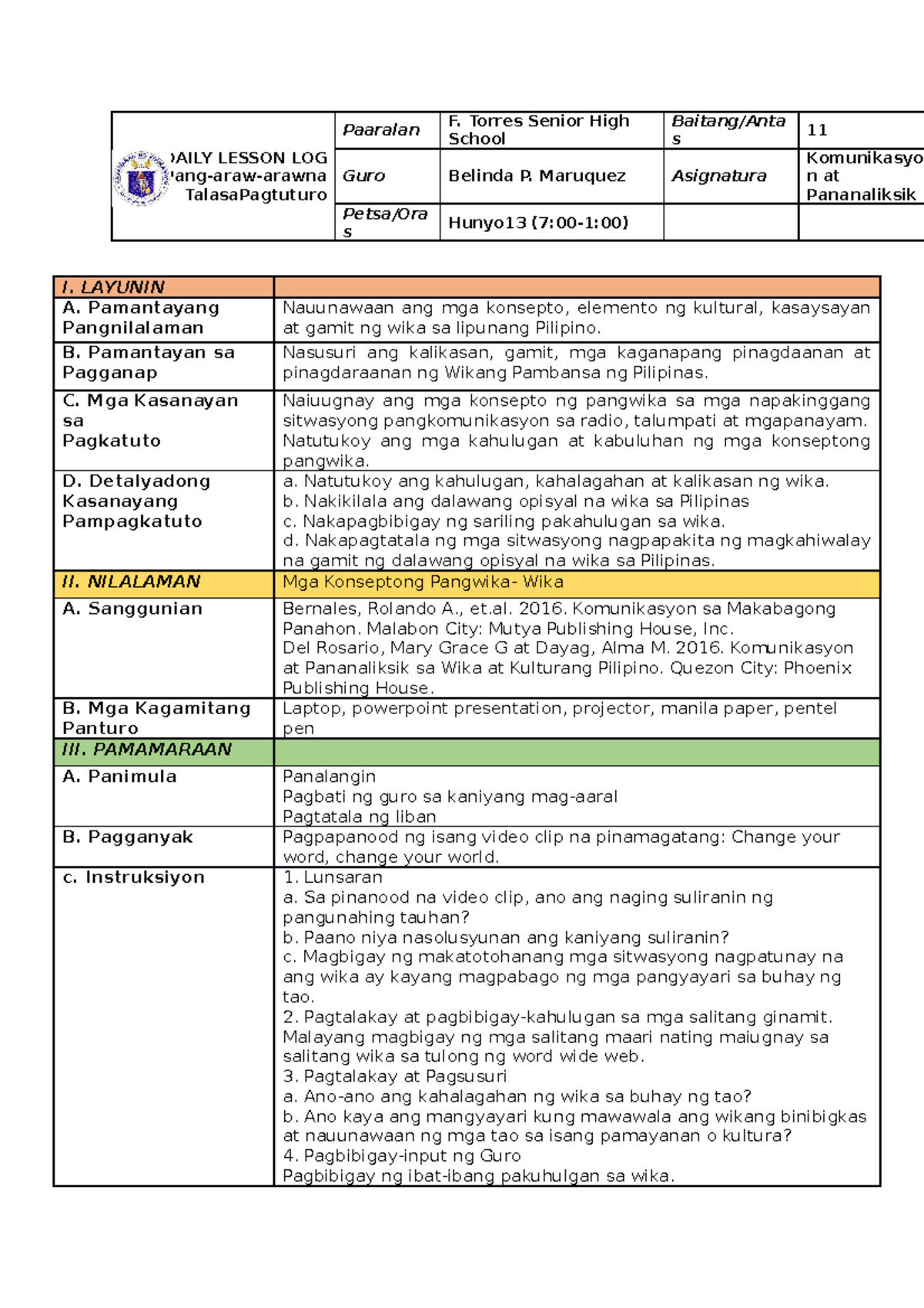 Daily Lesson Log Lecture Notes 1 10 Daily Lesson Log Pang Araw