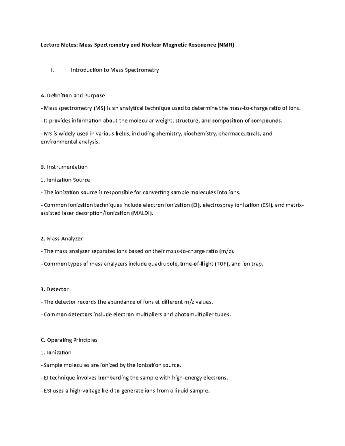 Lecture Notes Mass Spectrometry And Nuclear Magnetic Resonance Nmr