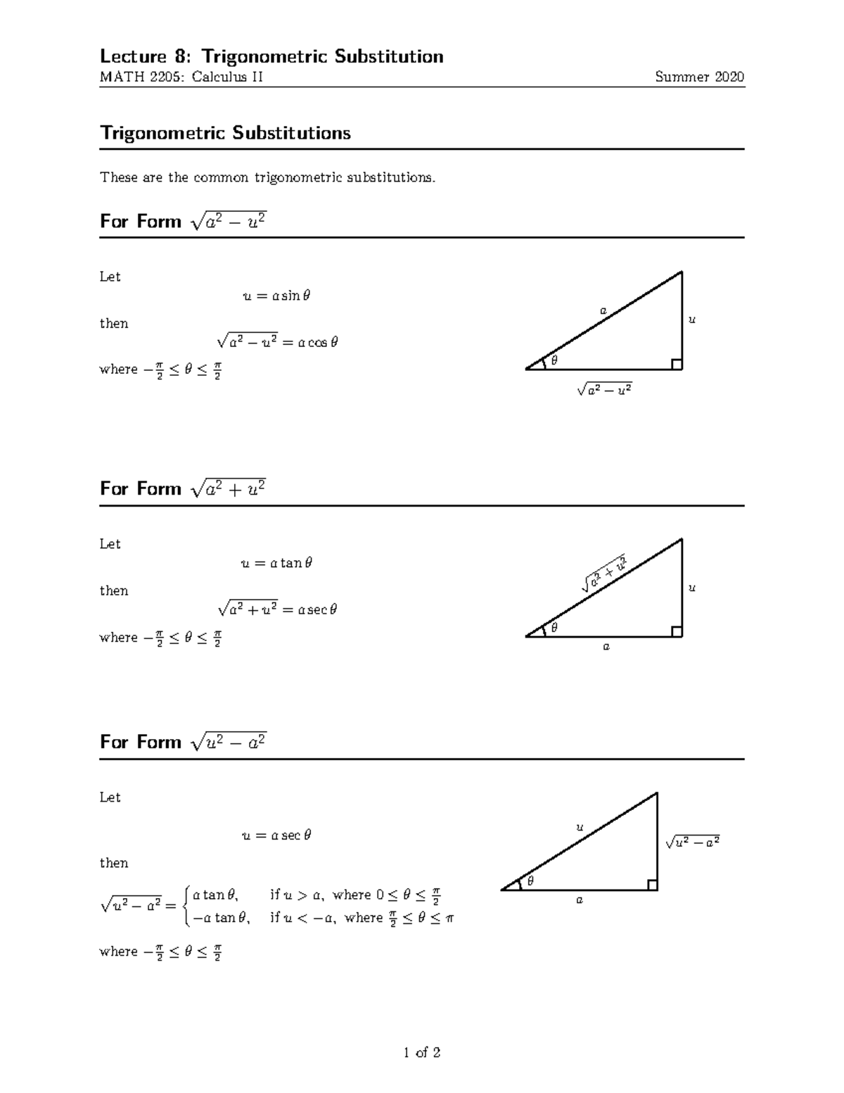 L08 Trig Substitution Lecture 8 Trigonometric Substitution Math