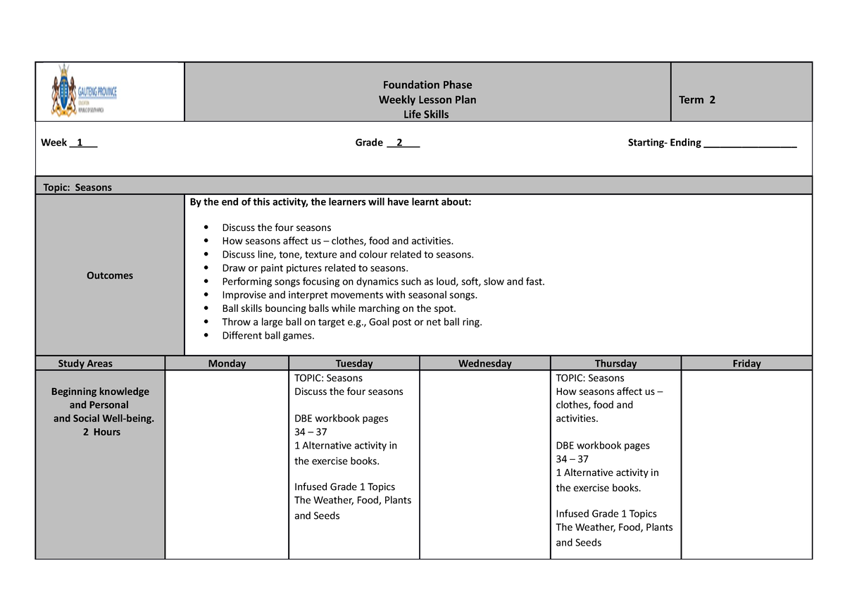 Life Skills Lesson Plans Grade 2 Week 1 1 Foundation Phase Weekly