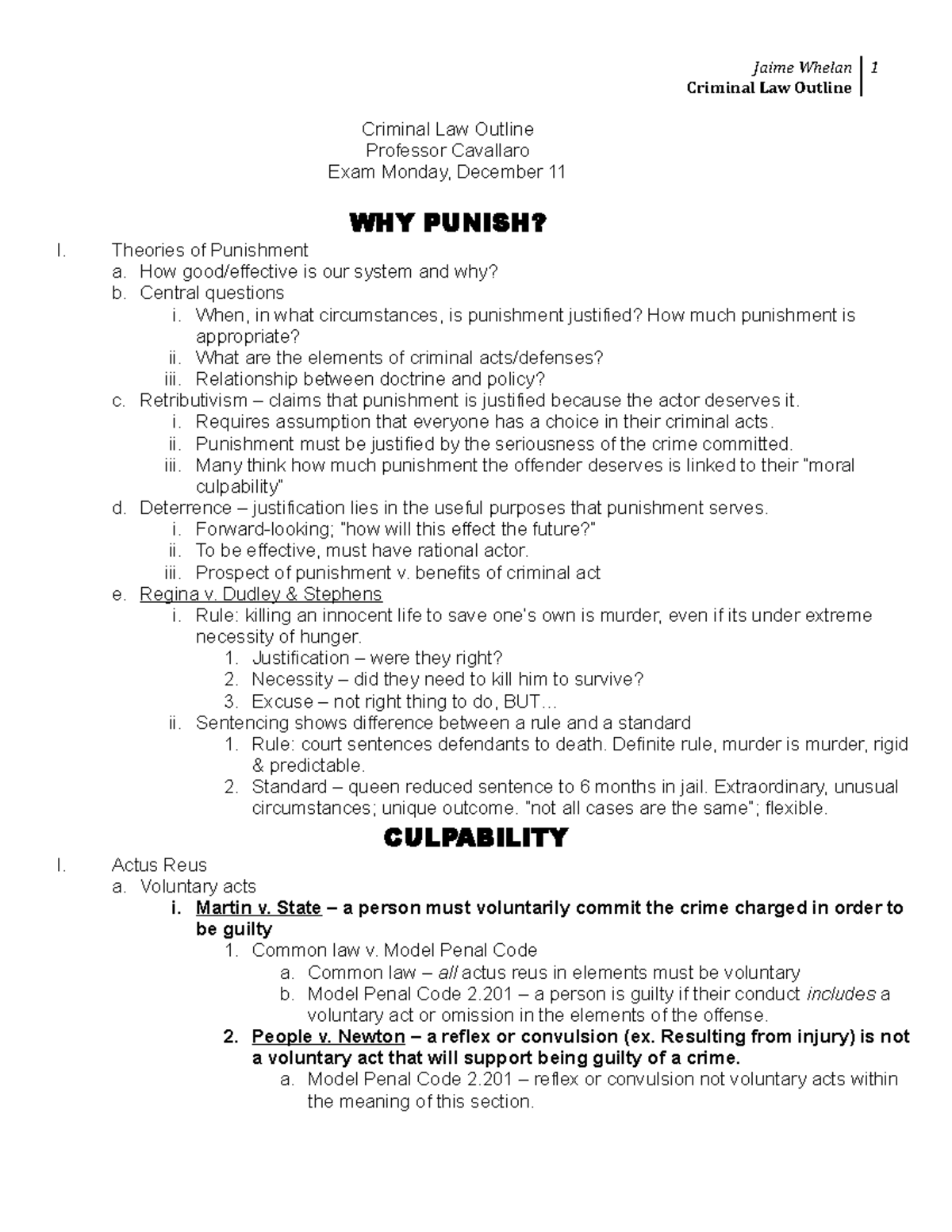 Criminal Law Outline Jaime Whelan 1 Criminal Law Outline Criminal Law