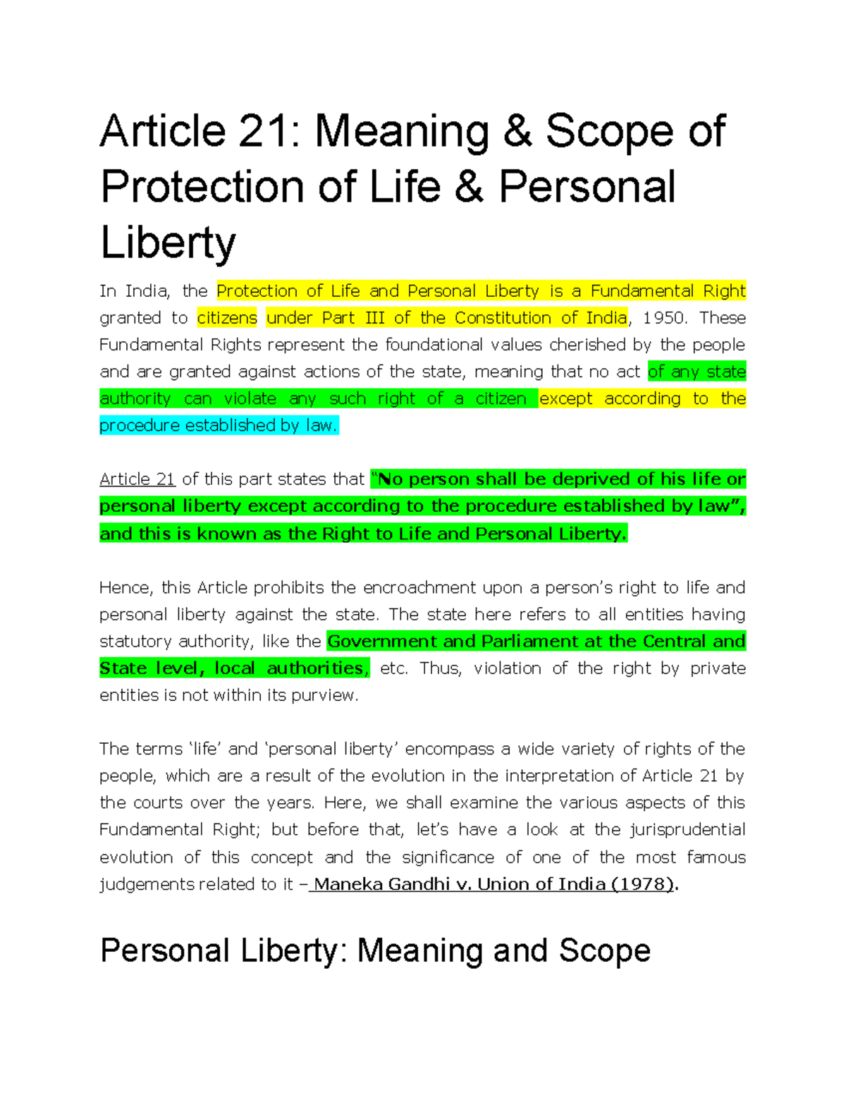 Article 21 Law Notes Article 21 Meaning And Scope Of Protection Of