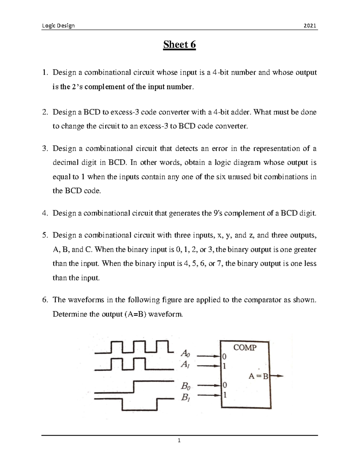 Sheet 6 Logic Design Logic Design 2021 1 Sheet 6 Design A