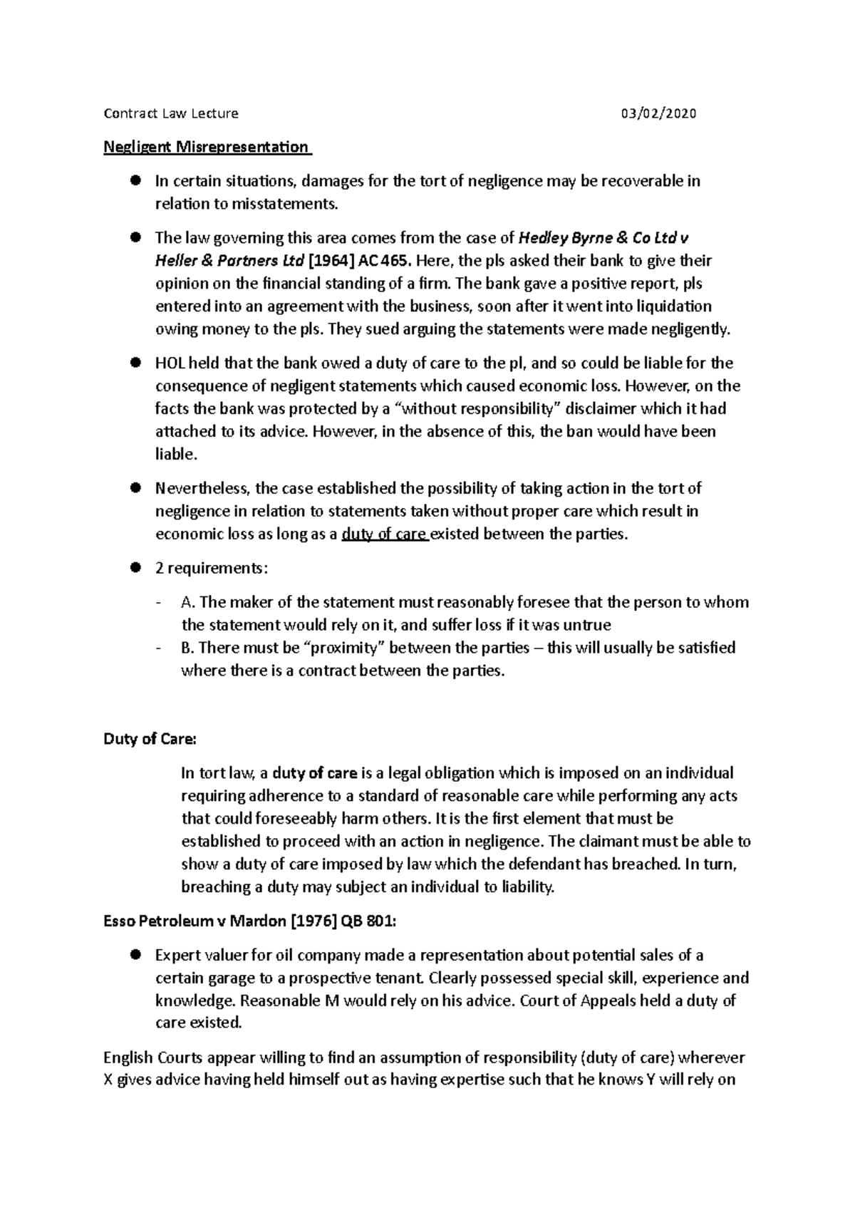 Negligence Misrepresentation Lecture 03 02 2020 Contract Law Lecture