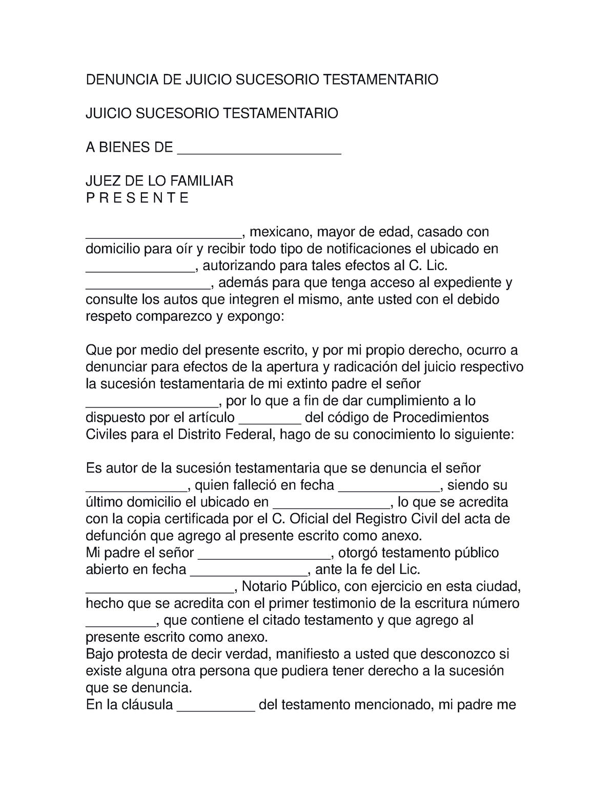 Modelo De Escrito Inicial De Juicio Sucesorio Intestamentario