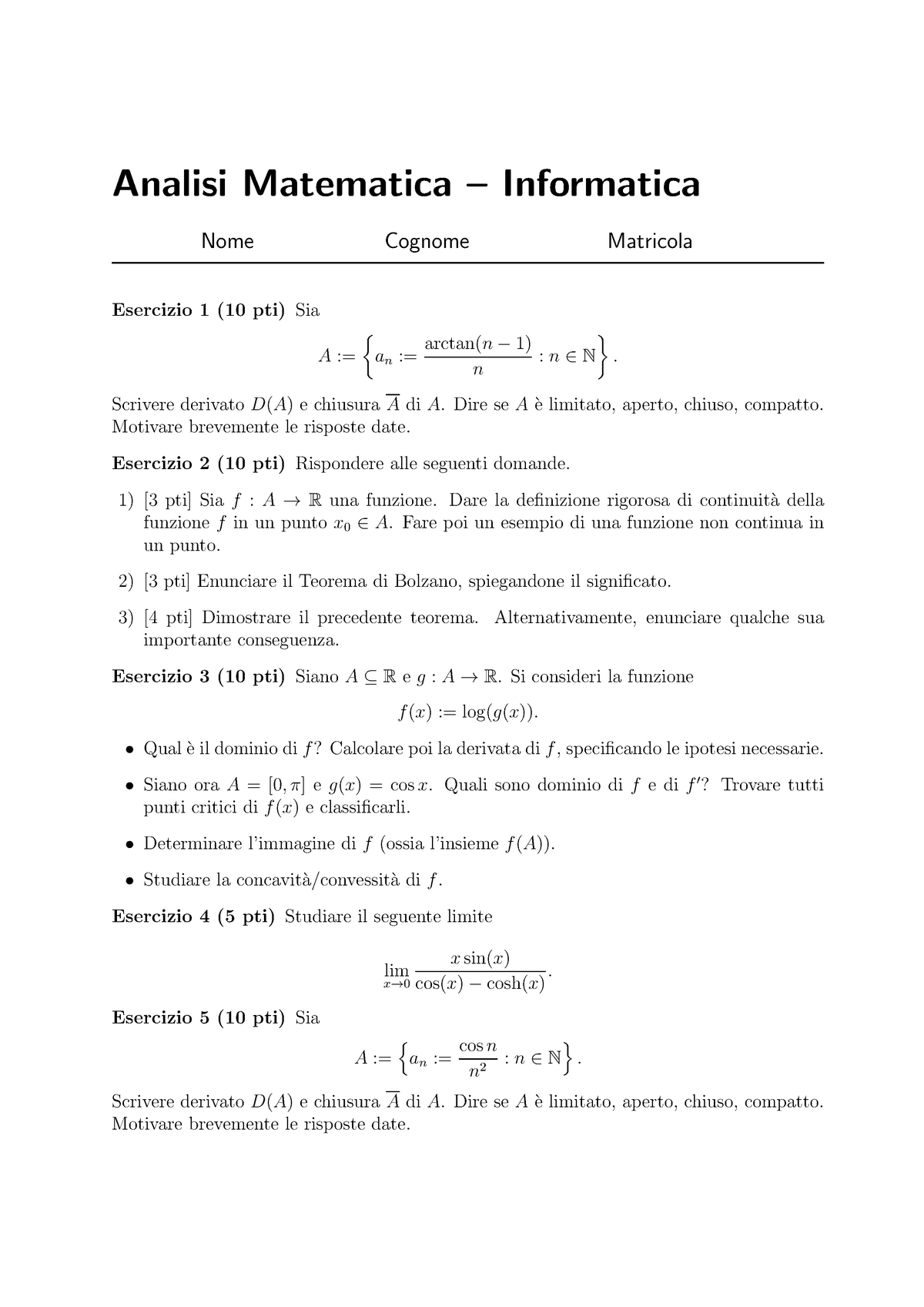 Esercizi Primo Parziale Analisi Matematica Informatica Nome Cognome