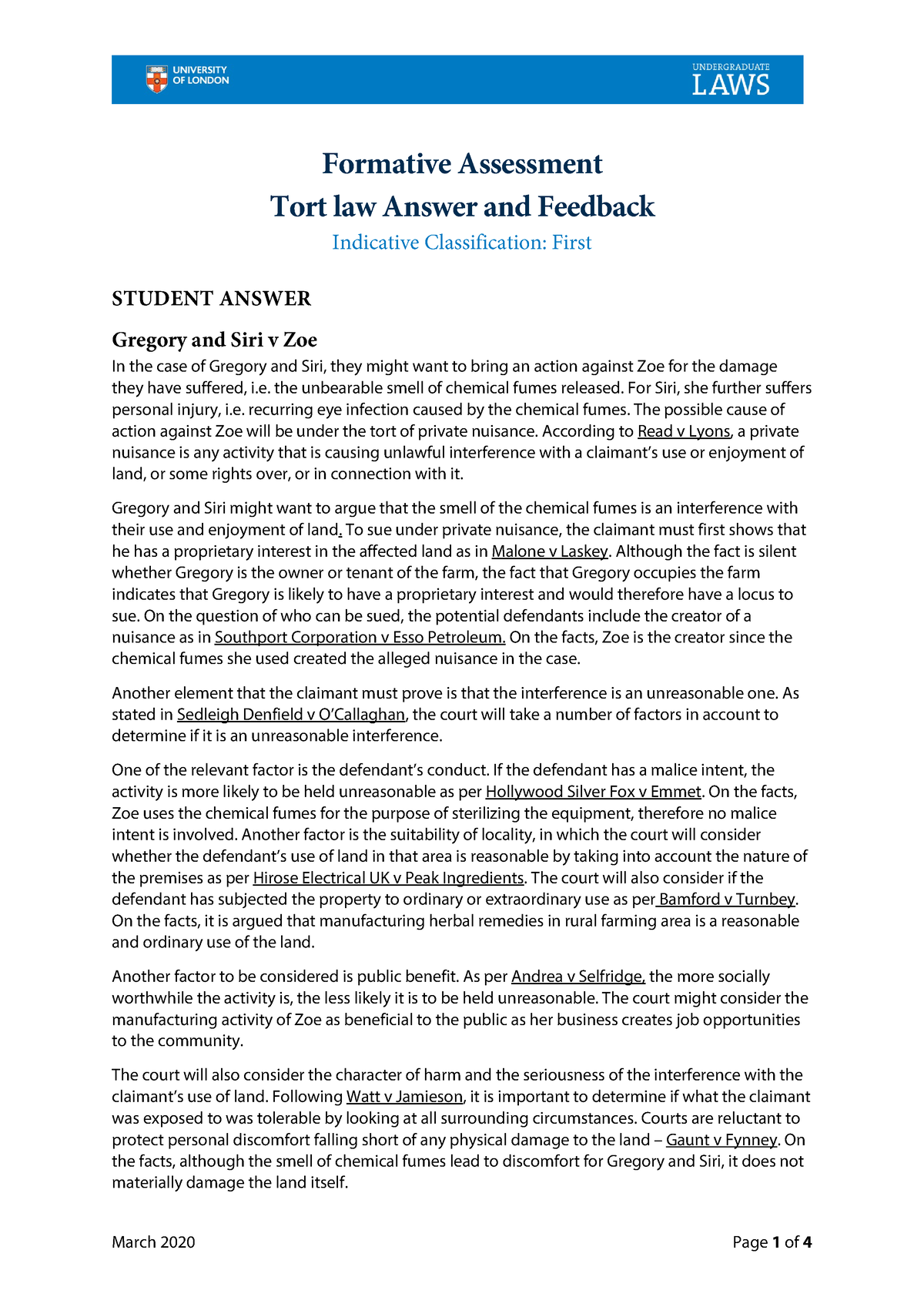 Tort Nuisance First Formative Assessment Tort Law Answer And