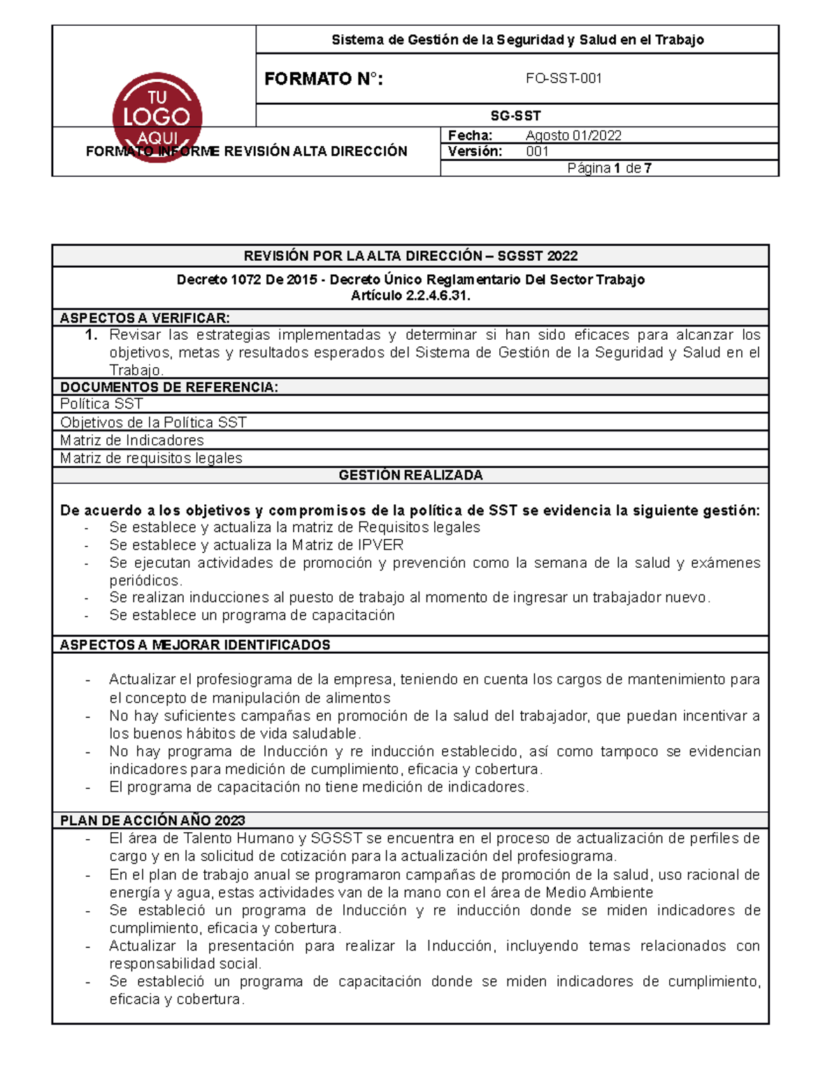 Informe Revisión Por La Alta Dirección Sg Sst Formato N° Fo Sst Sg