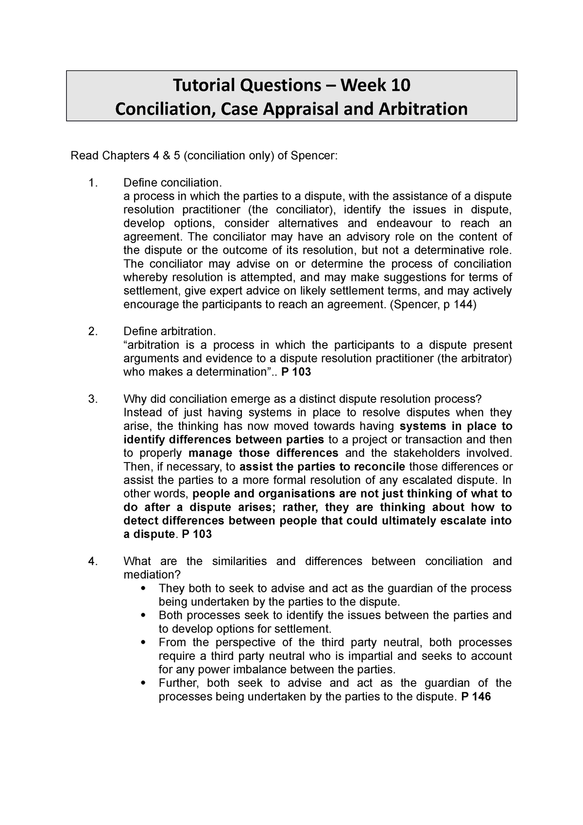 Llb103 Week 10 Tutorial Fr Tutorial Questions Week 10 Conciliation